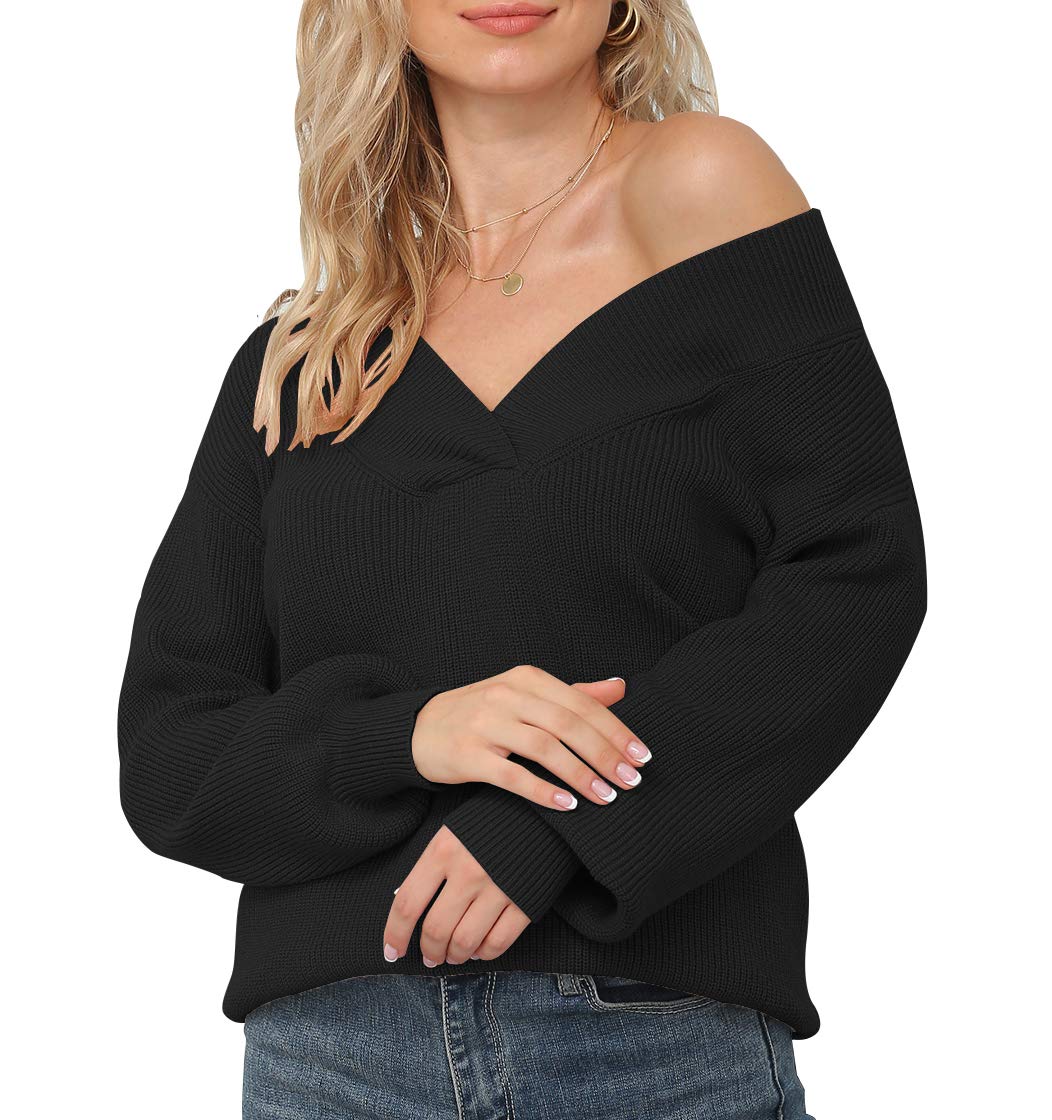 Feiersi Women's Off Shoulder Sweater Long Sleeve Loose Tops V-Neck Pullover Knit Jumper(Black,X-Large)