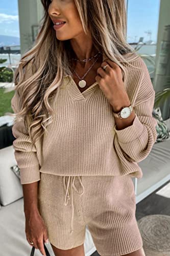 PRETTYGARDEN Women's 2 Piece Outfits 2024 Winter Long Sleeve V Neck Knit Pullover And Shorts Sweater Tracksuit Sets (Beige Apricot,Medium)
