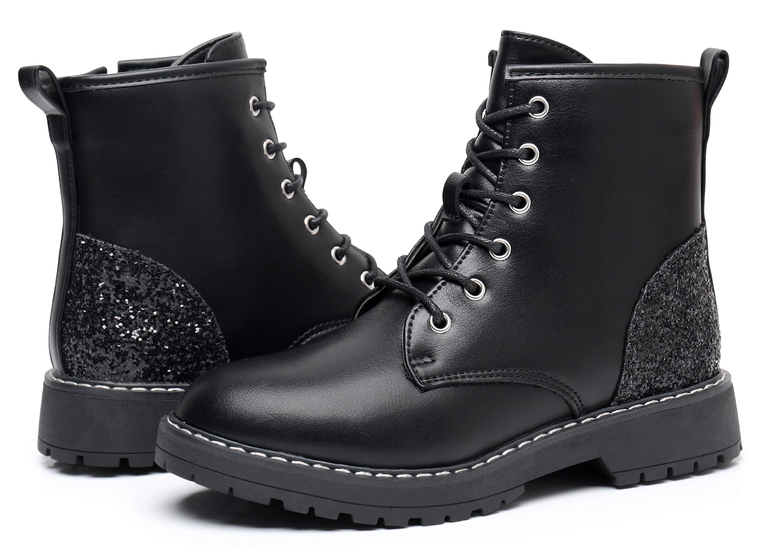 Blikcon Kids Girls Combat Ankle Boots Lace up Inner Zipper Fashion Booties (Color : Black, Size : 2 Little Kid)