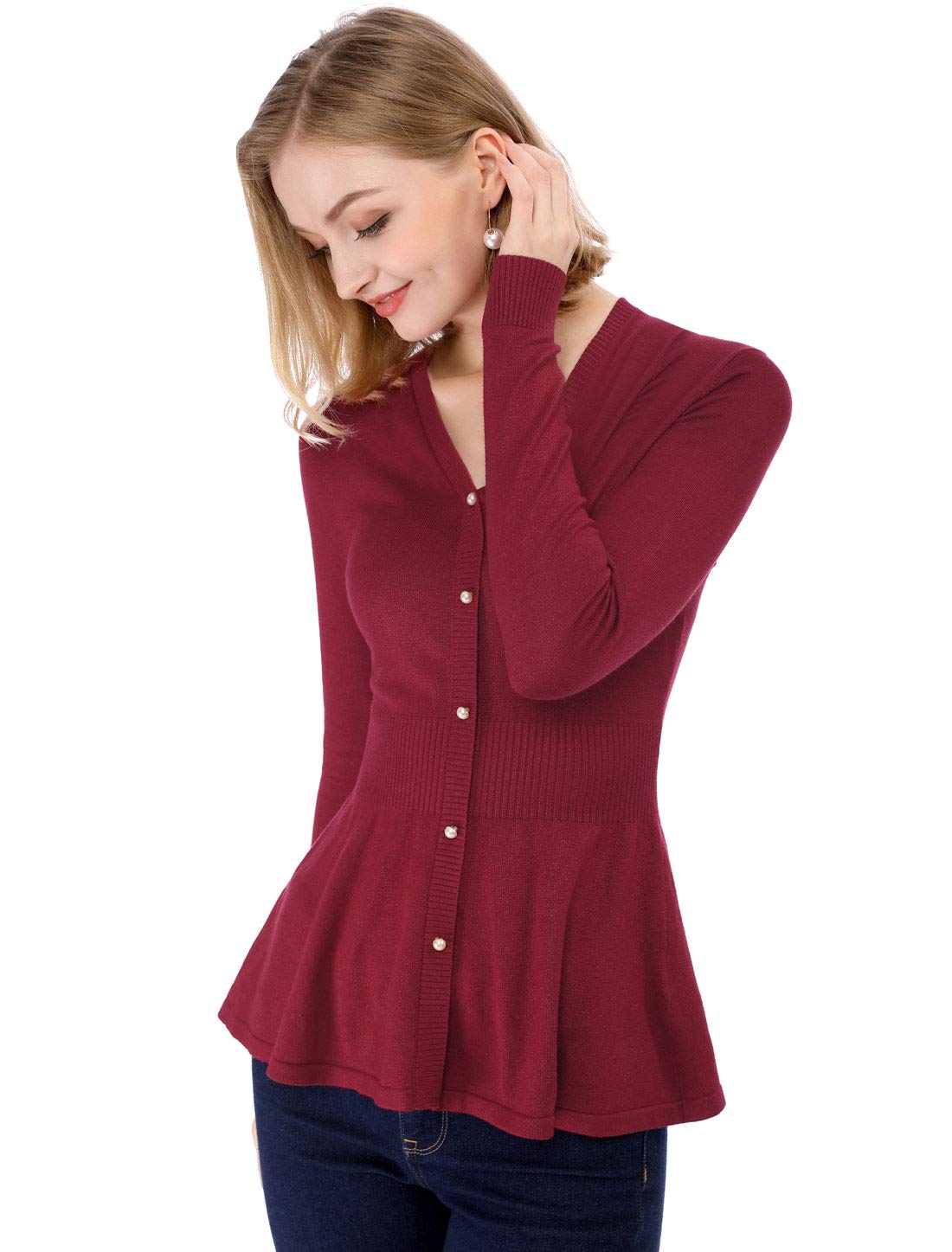 Allegra K Women's Peplum Sweater Ribbed V Neck Long Sleeve Knit Peplum Tops Small Burgundy