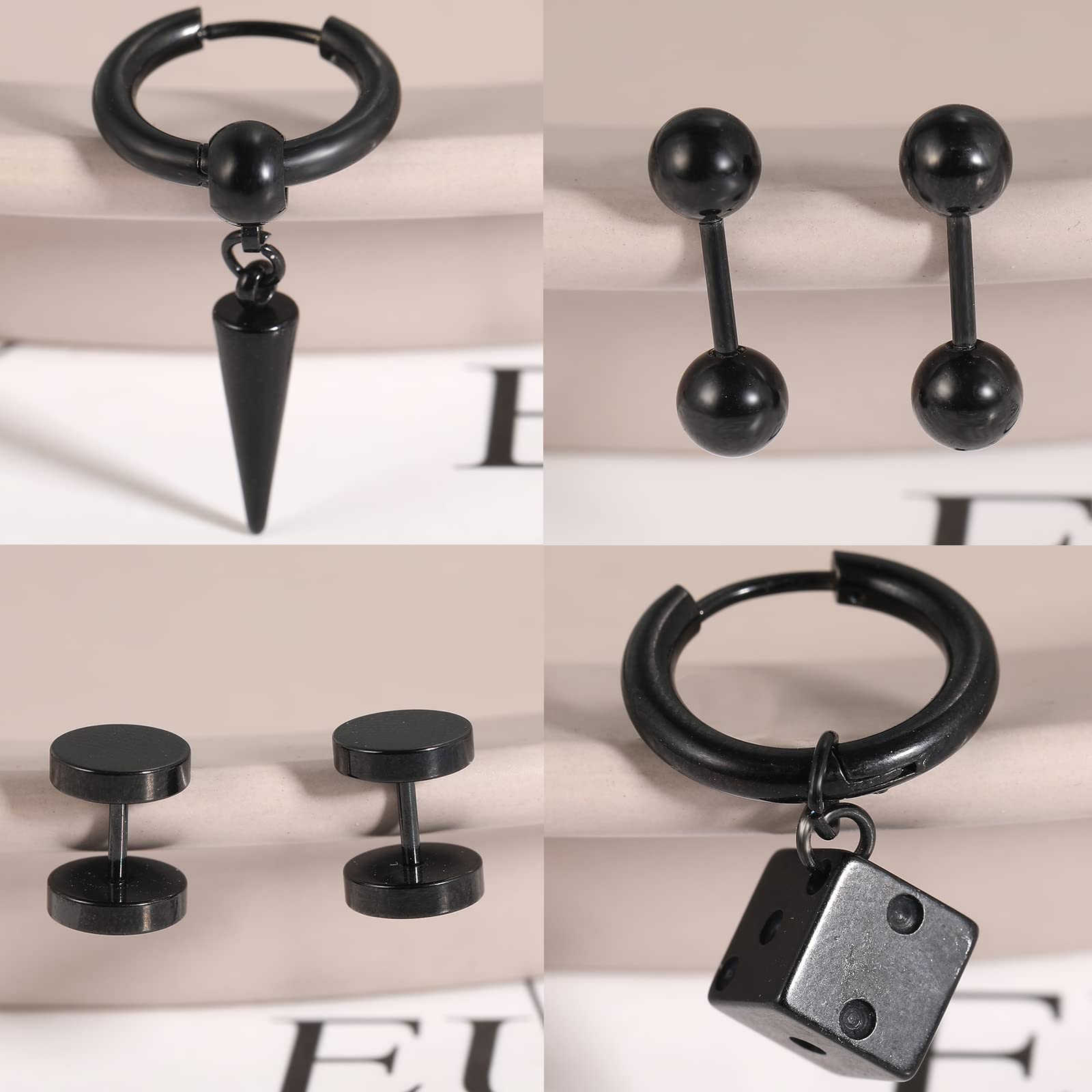 Black Cross Earrings for Men, 28 Pieces Stainless Steel Long Chain Dangle Piercing Hoop Earrings Set for Gifts (Black)