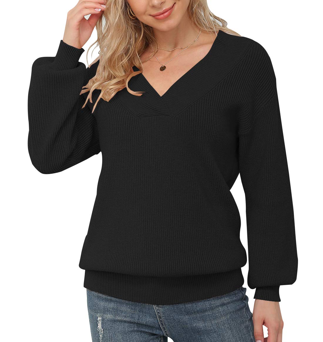 Feiersi Women's Off Shoulder Sweater Long Sleeve Loose Tops V-Neck Pullover Knit Jumper(Black,X-Large)