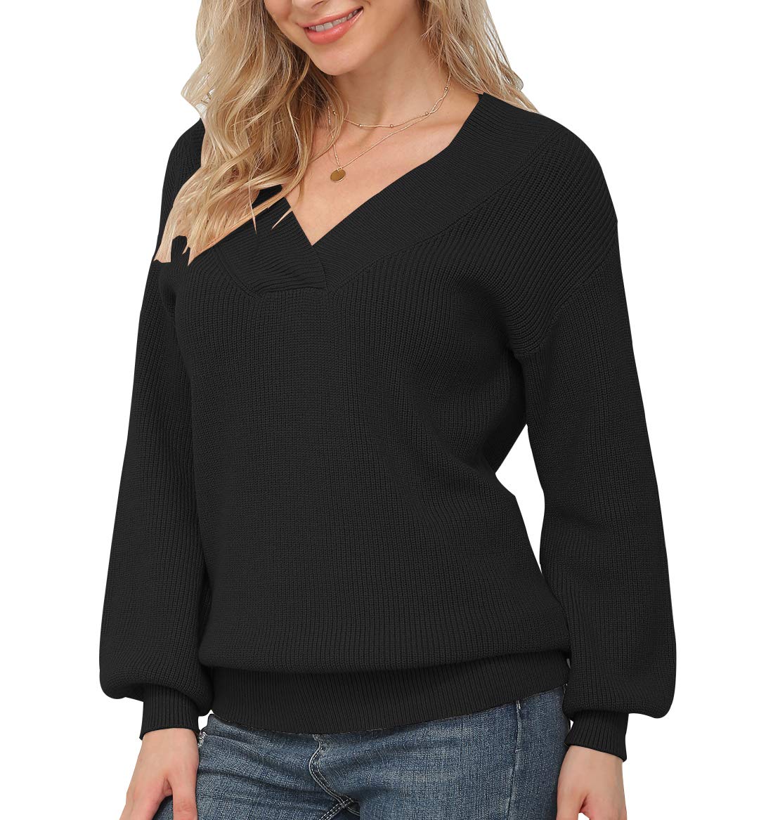 Feiersi Women's Off Shoulder Sweater Long Sleeve Loose Tops V-Neck Pullover Knit Jumper(Black,X-Large)