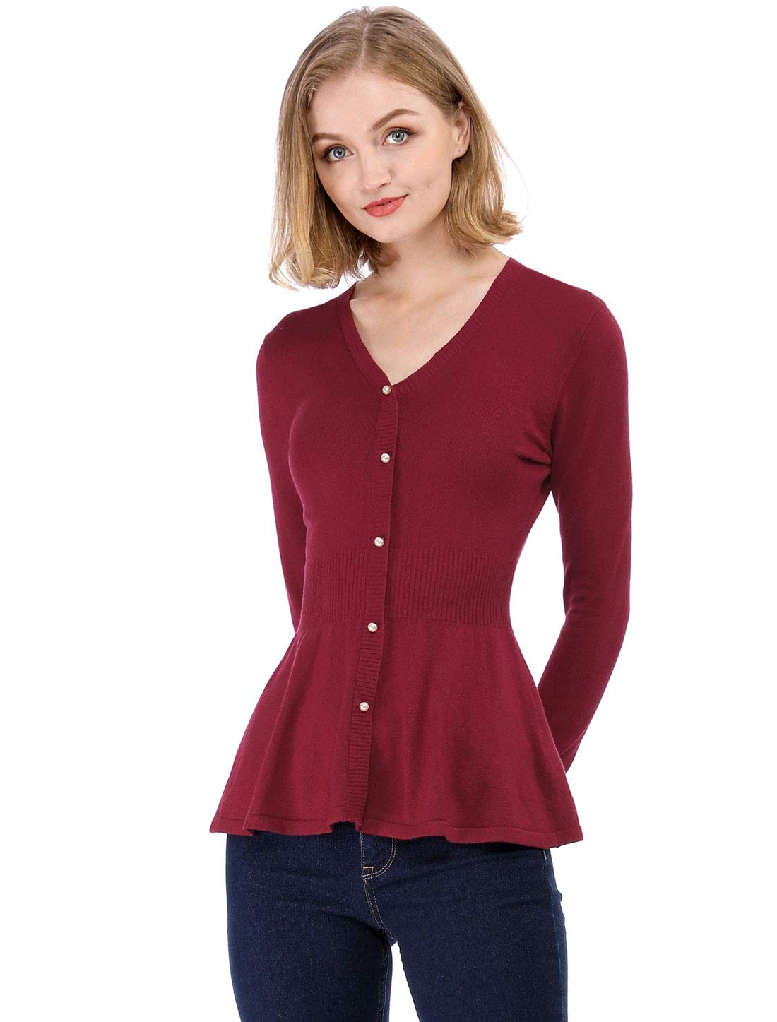 Allegra K Women's Peplum Sweater Ribbed V Neck Long Sleeve Knit Peplum Tops Small Burgundy