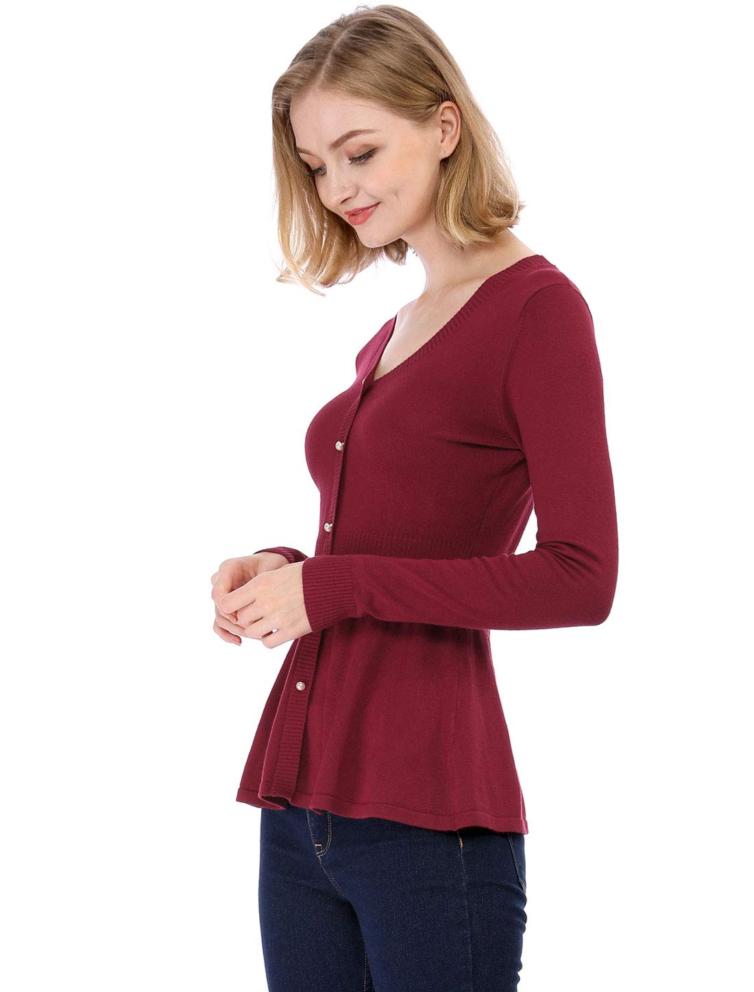 Allegra K Women's Peplum Sweater Ribbed V Neck Long Sleeve Knit Peplum Tops Small Burgundy