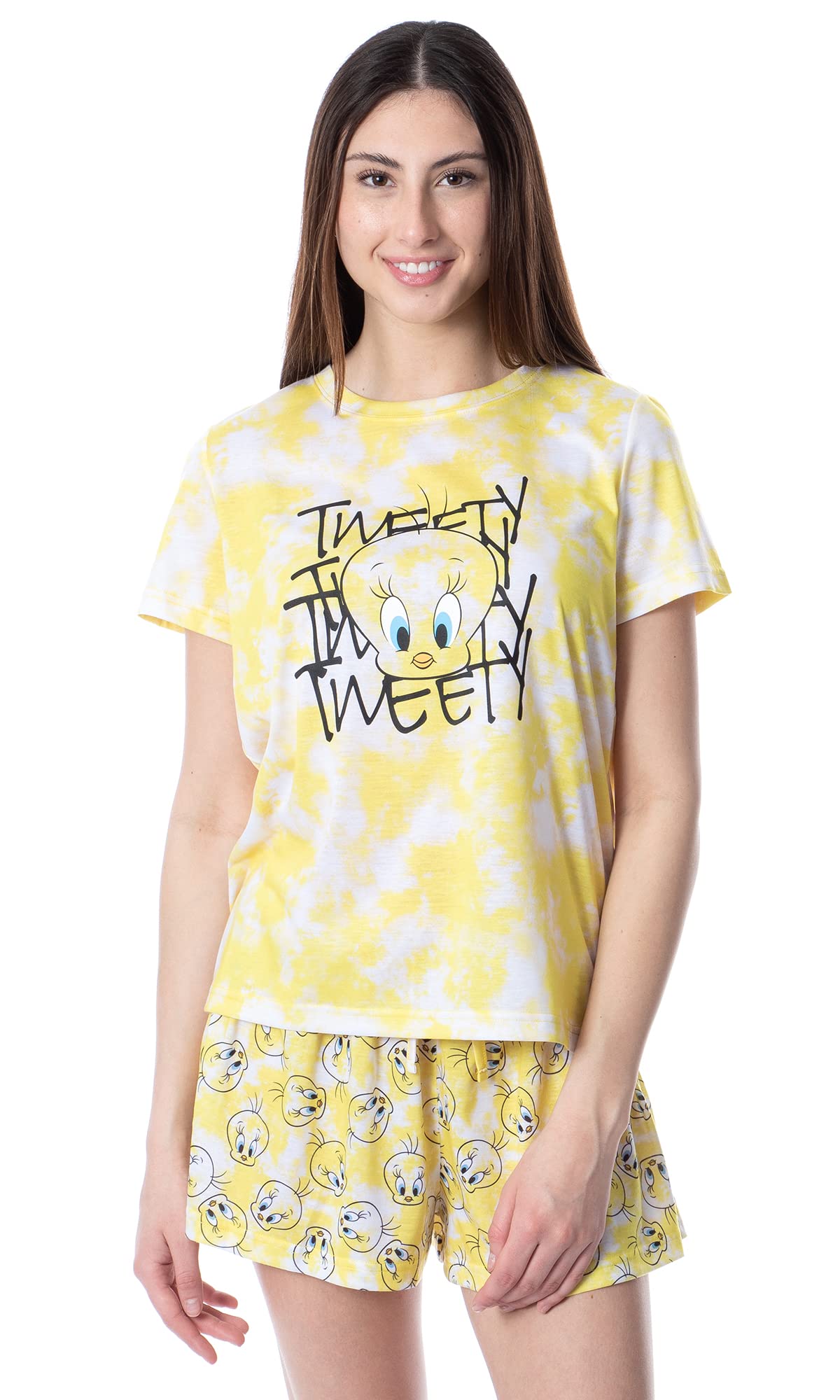 INTIMO Looney Tunes Womens' Tweety Bird Tie-Dye Sleep Pajama Set Short (Large) Yellow
