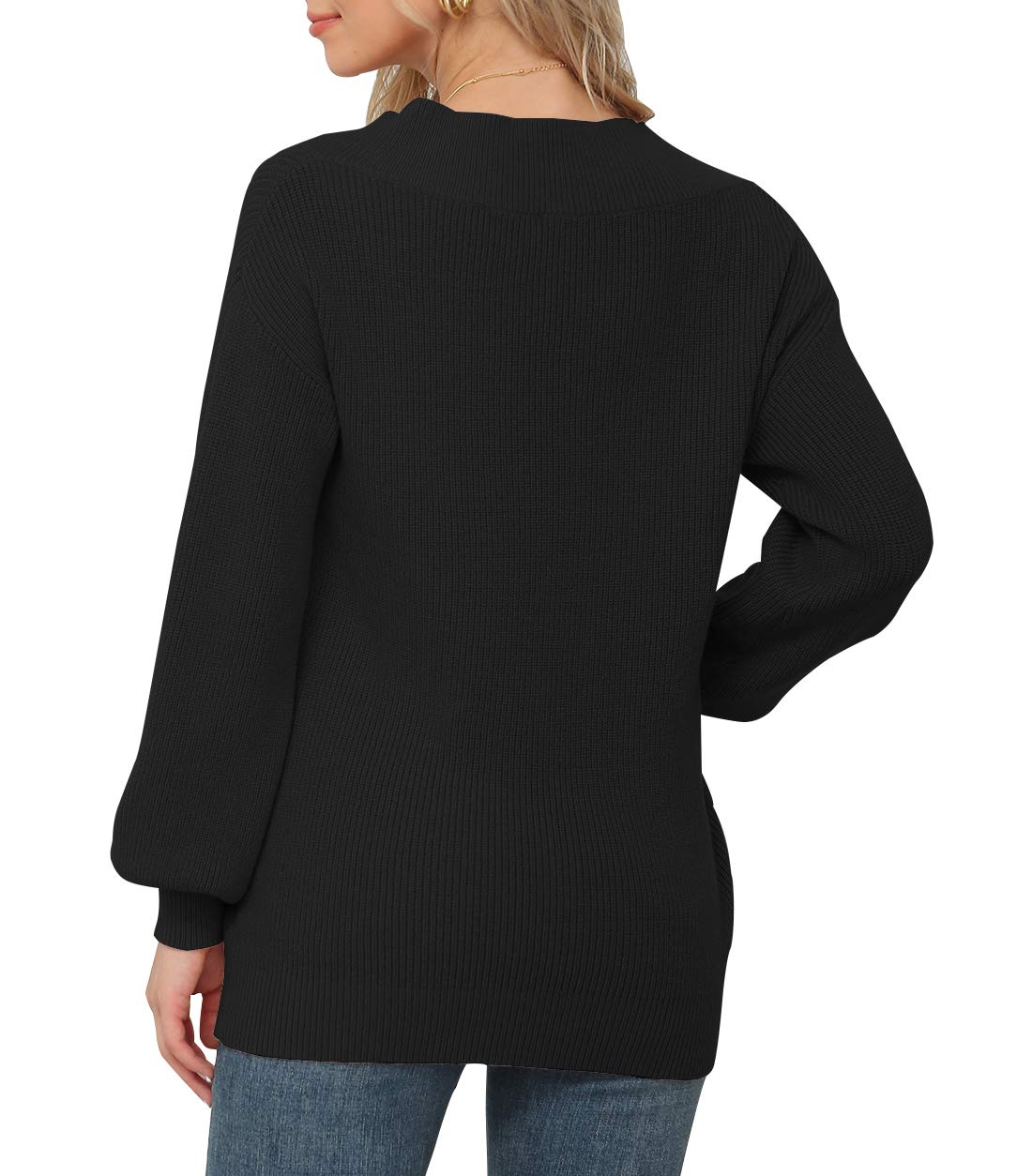 Feiersi Women's Off Shoulder Sweater Long Sleeve Loose Tops V-Neck Pullover Knit Jumper(Black,X-Large)