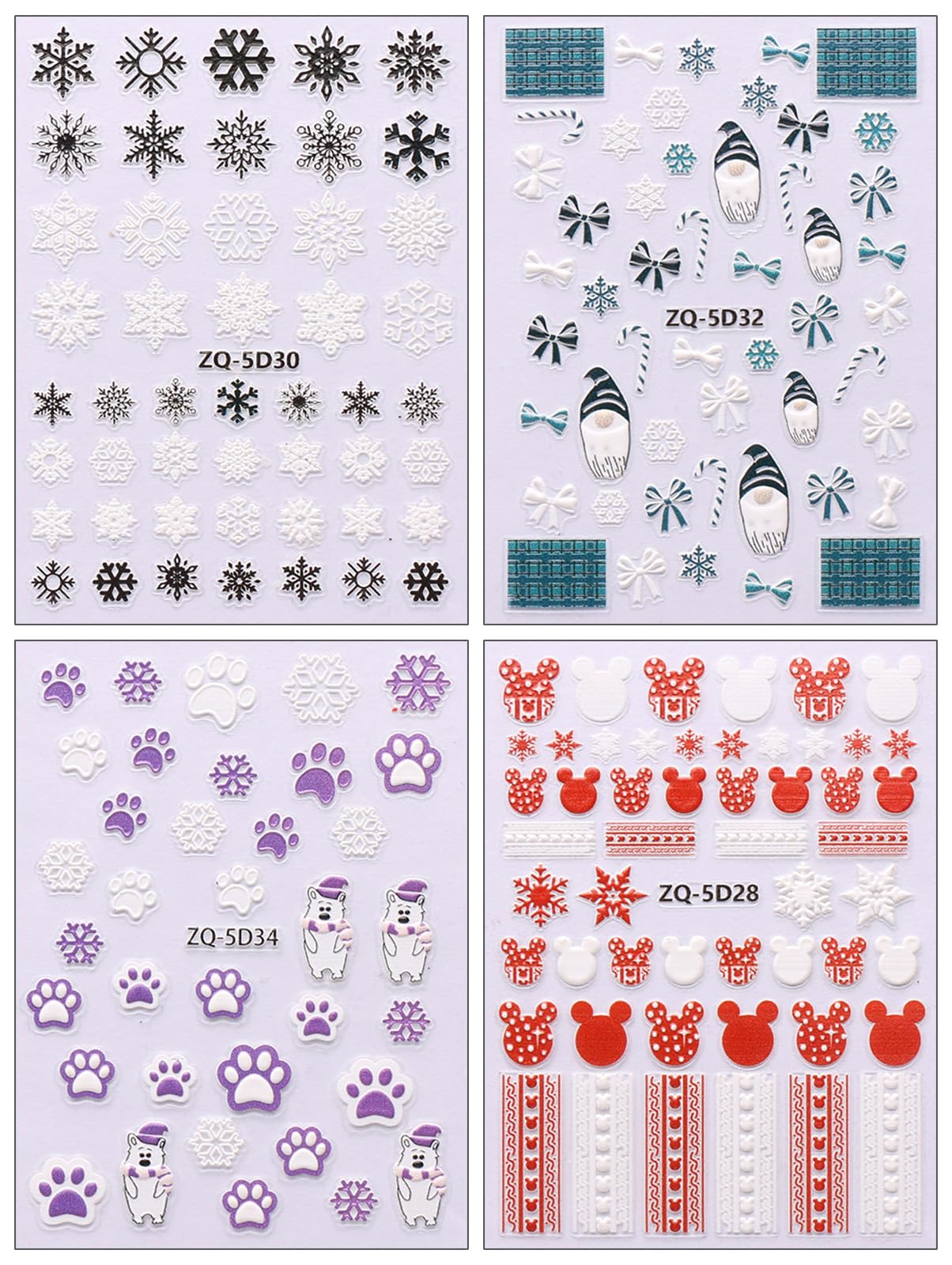 JMEOWIO 3D Embossed Christmas Nail Art Stickers Decals Self-Adhesive Pegatinas Uñas 5D Snowflake Xmas Winter Holiday Nail Supplies Nail Art Design Decoration Accessories 4 Sheets
