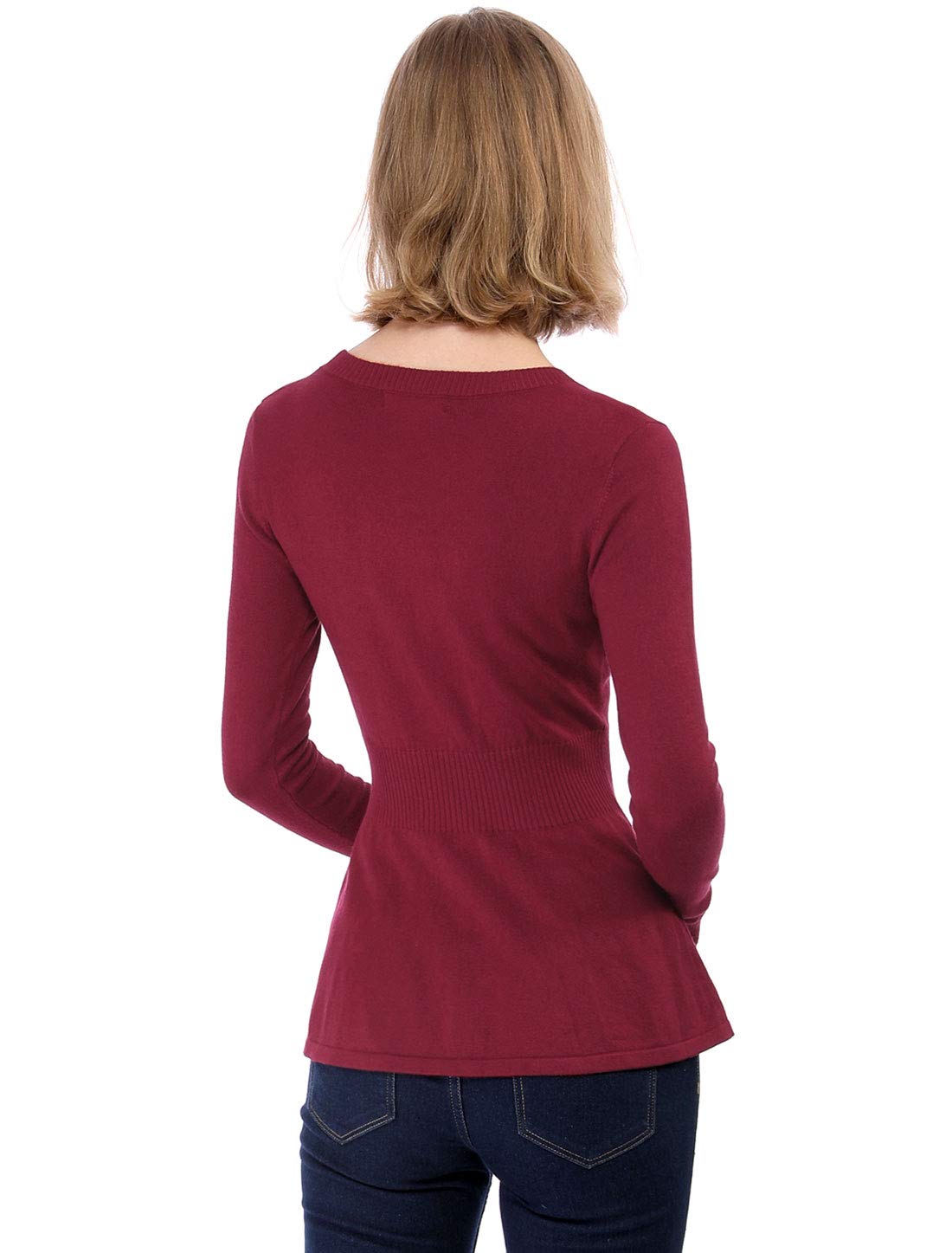 Allegra K Women's Peplum Sweater Ribbed V Neck Long Sleeve Knit Peplum Tops Small Burgundy