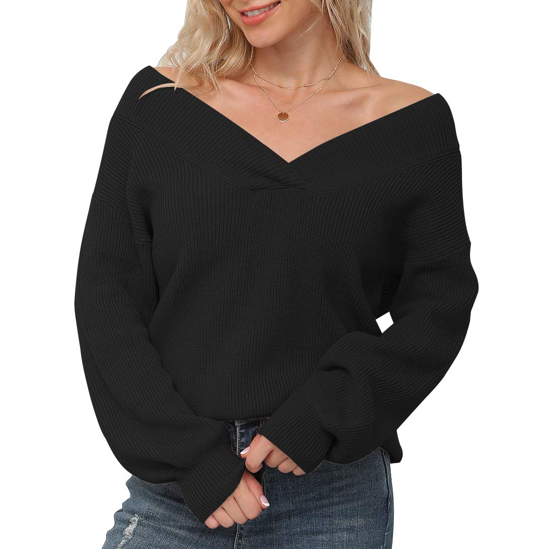Feiersi Women's Off Shoulder Sweater Long Sleeve Loose Tops V-Neck Pullover Knit Jumper(Black,X-Large)