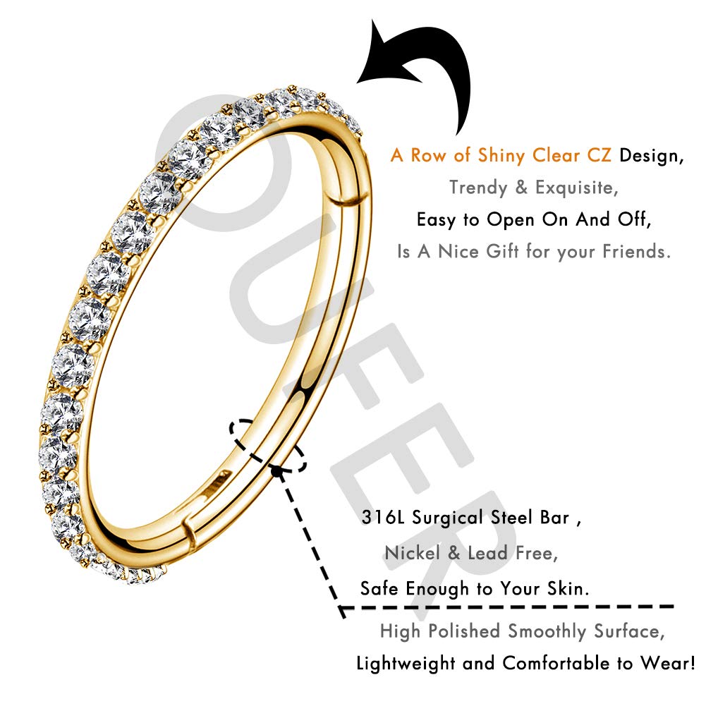 OUFER Gold Hinged Segment Earring Hoop 16G Stainless Steel with Cartilage Earrings Clear CZ Paved Tragus Helix Earrings Cartilage Earring Septum Nose Ring Hoop