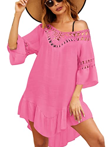 Ekouaer Swimsuit Coverup for Women Loose Bikini V Neck Coverups 3/4 Sleeves Beach Cover Dresses for Vacation