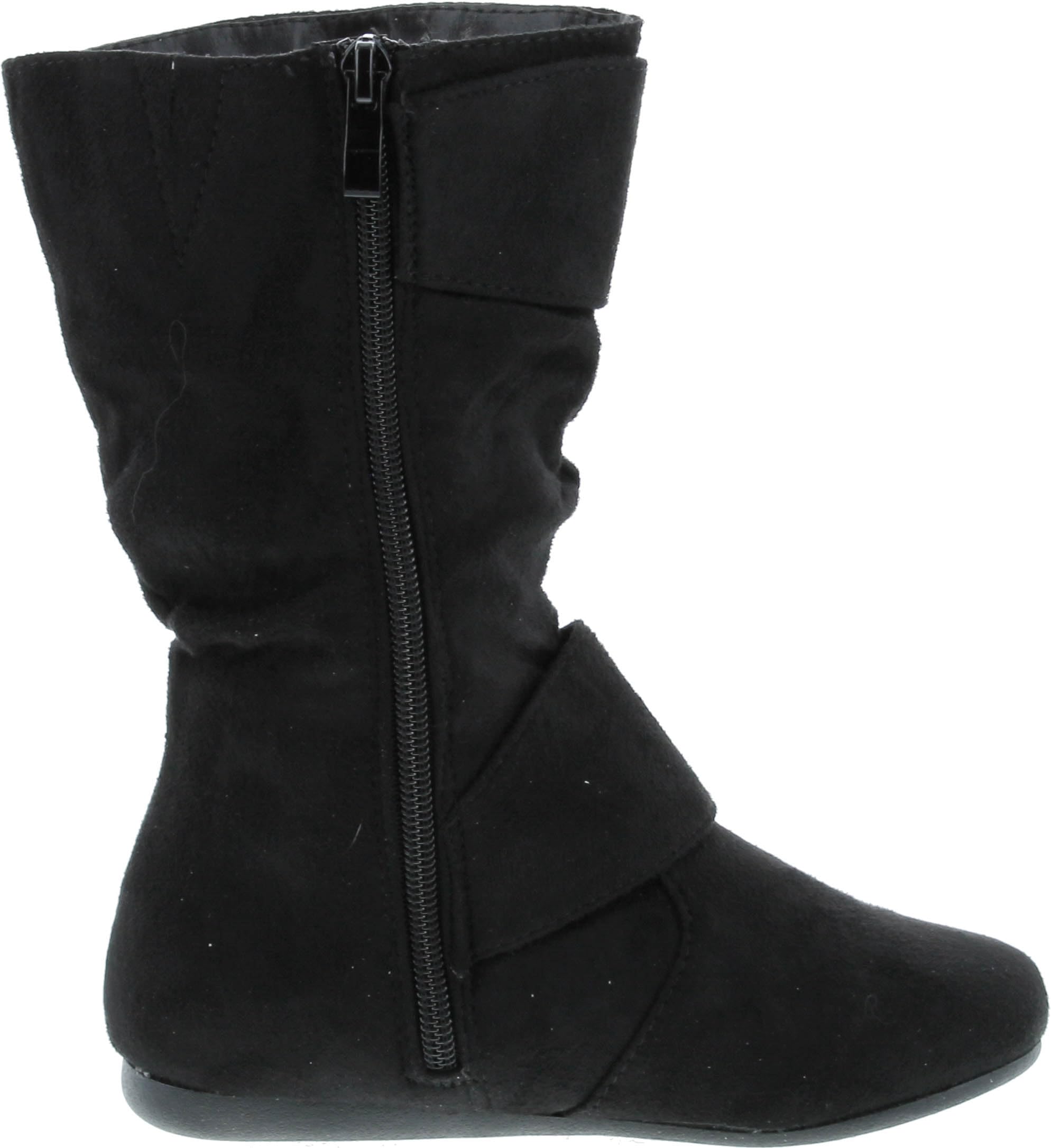 Link Klein-70K Girl's Kid's Faux Suede Two Buckle Zipper Flat Heel Mid Calf Slouchy Boot Shoes,Black,9