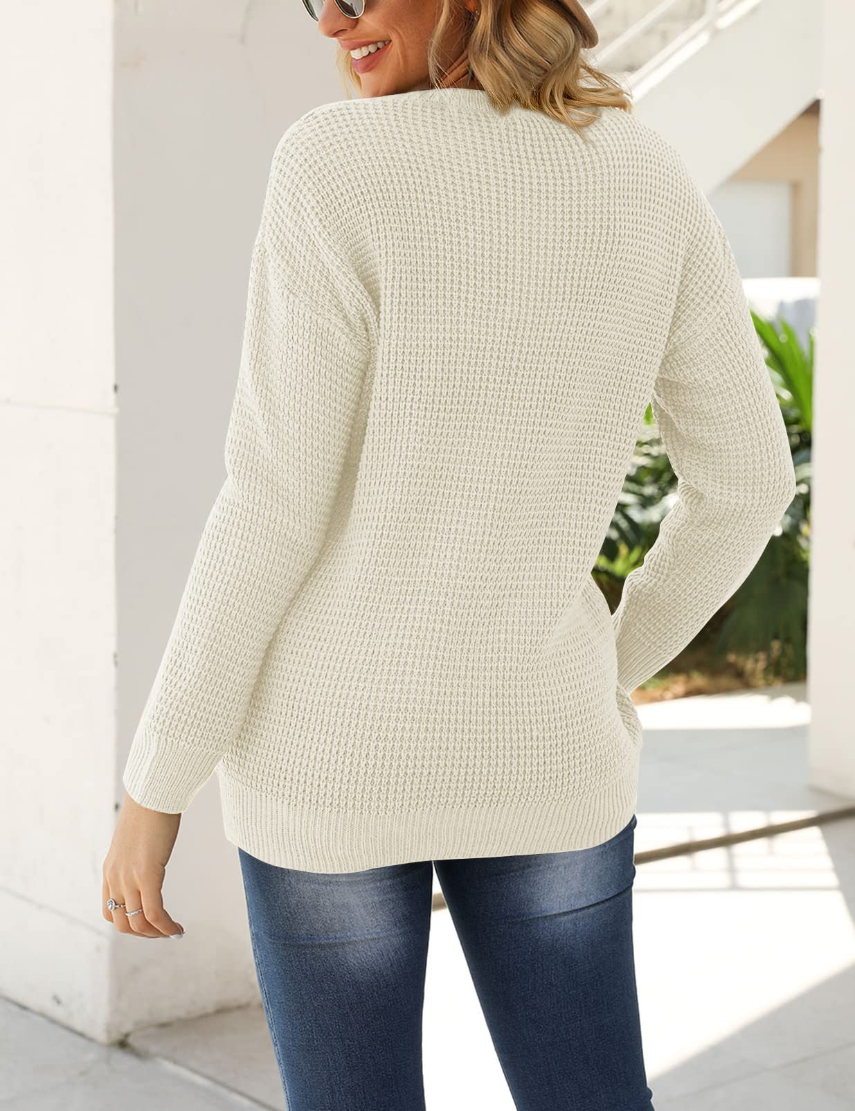 MEROKEETY Women's 2024 Long Sleeve Waffle Knit Sweater Crew Neck Solid Color Pullover Jumper Tops Beige