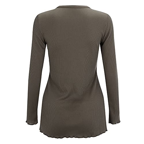 Women's Casual Solid Color Ribbed Top Long Sleeve V-Neck Pullover Knit Shirt Comfy Buttons Slim Workout Plain Blouses Khaki