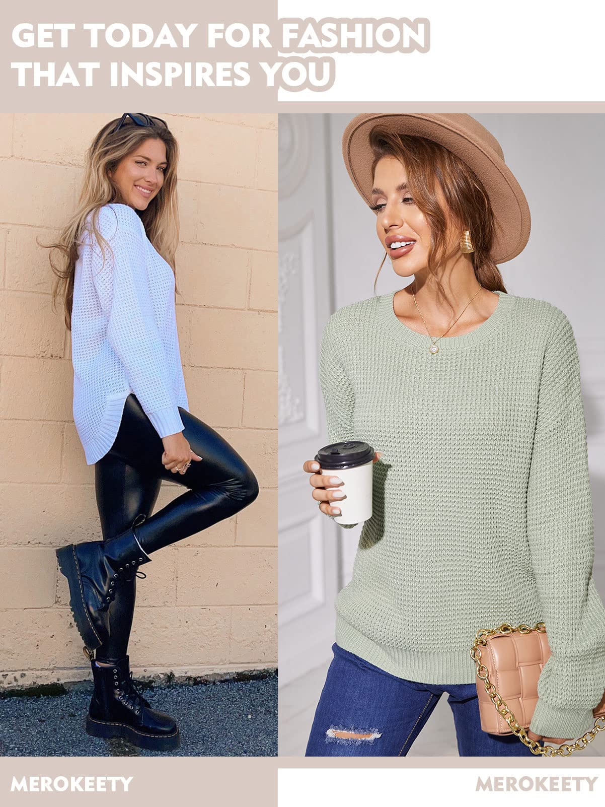 MEROKEETY Women's 2024 Long Sleeve Waffle Knit Sweater Crew Neck Solid Color Pullover Jumper Tops Beige