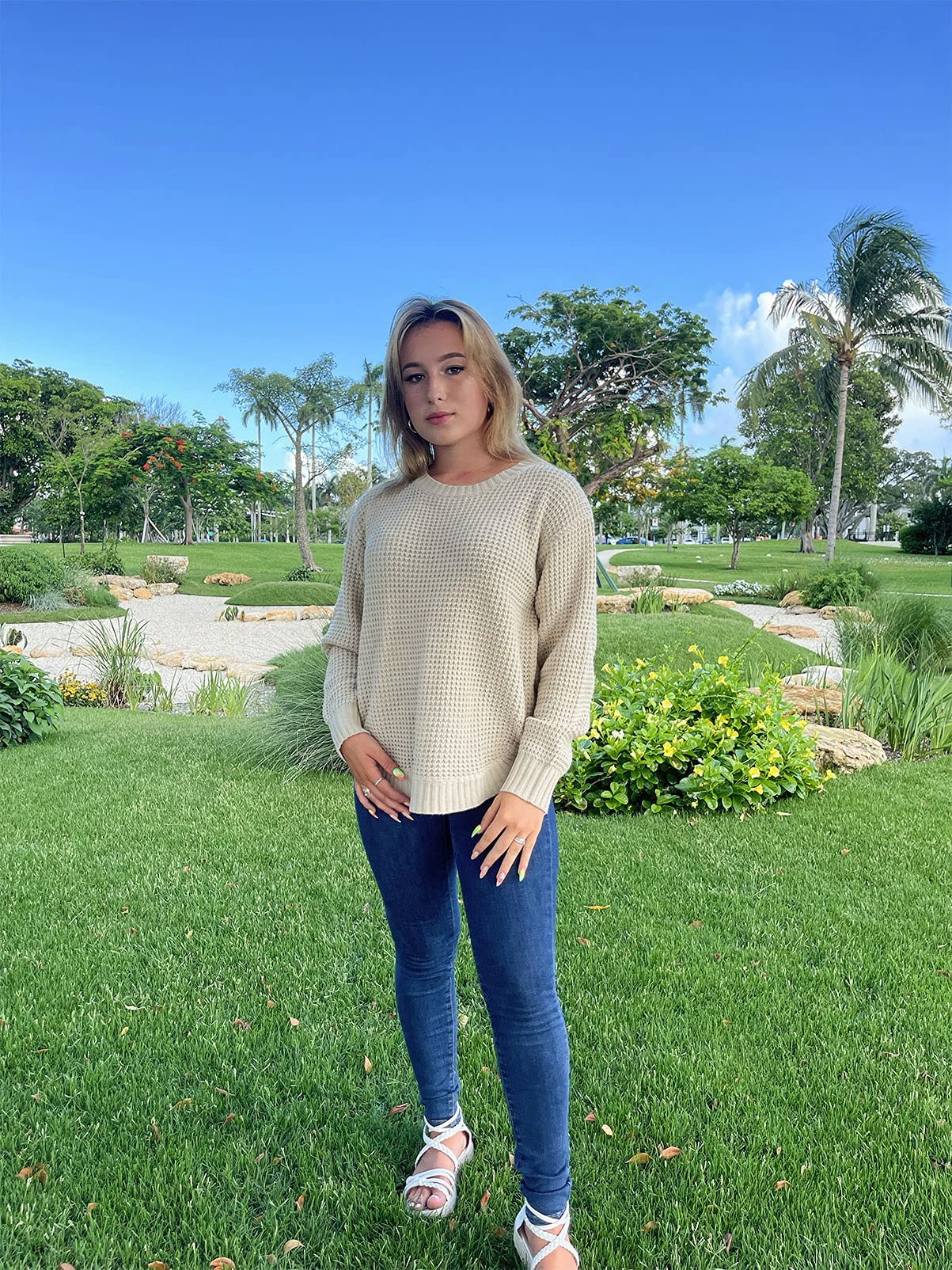 MEROKEETY Women's 2024 Long Sleeve Waffle Knit Sweater Crew Neck Solid Color Pullover Jumper Tops Beige