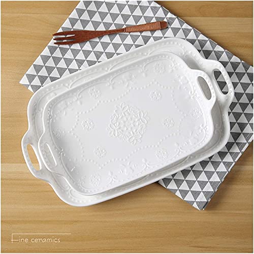 LEUYA Dinner Plate 2pcs Set,10+12inch, White Embossed Porcelain Square Tray with Handle, Ceramic Buffet Tray, Chafing Dish, Display Plate