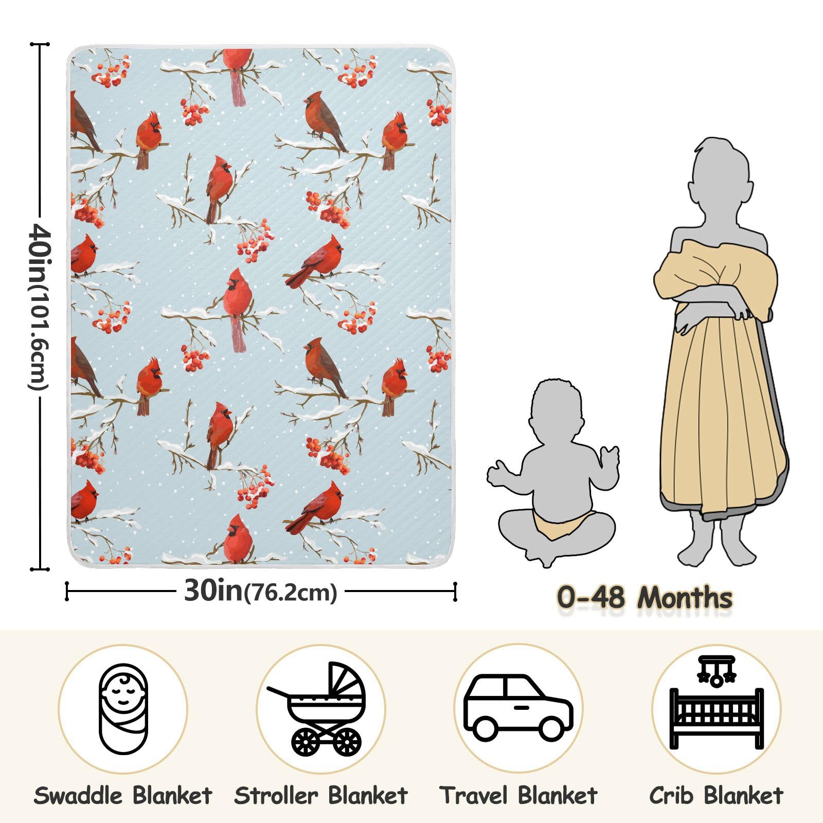Nnamluu 30"X40" Baby Cotton Blanket Winter Birds Berries Nursery Blankets for Infants Receiving Blanket Swaddle Blanket Cardinal