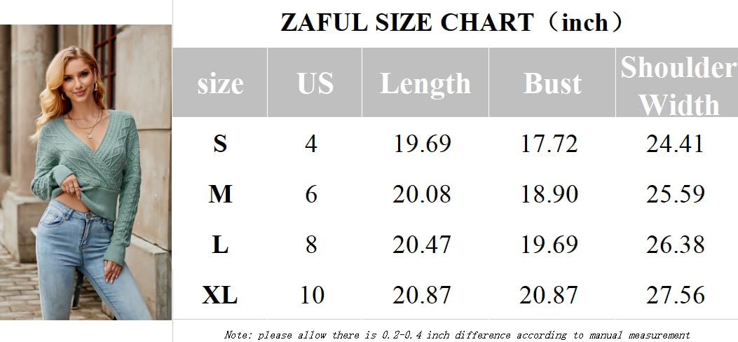 ZAFUL Women's V Neck Cable Knit Sweater Long Sleeve Ribbed Crop Tops Wrap Surplice Solid Casual Pullover Jumper