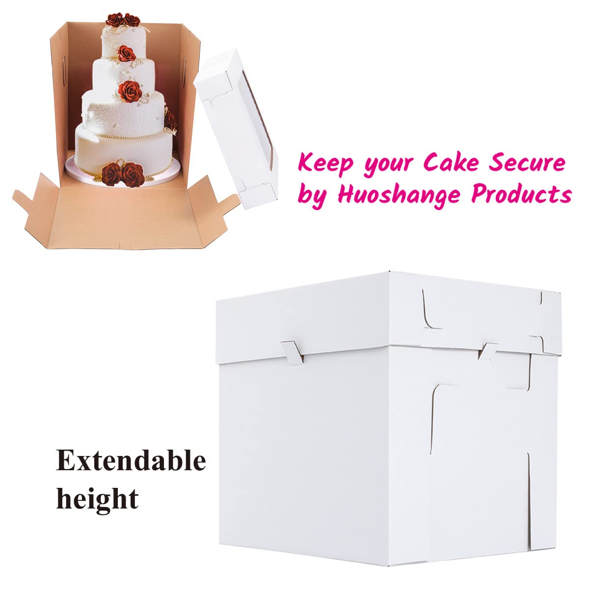Huoshange Tall Cake Boxes for Tier Cakes,2 Sizes 4 Pack 10x10x12in and 12x12x12in,Sturdy Cardboard Cake Boxes Shipping in 2 3 Tier for Layer Tiered Cakes,Disposable Cake Containers