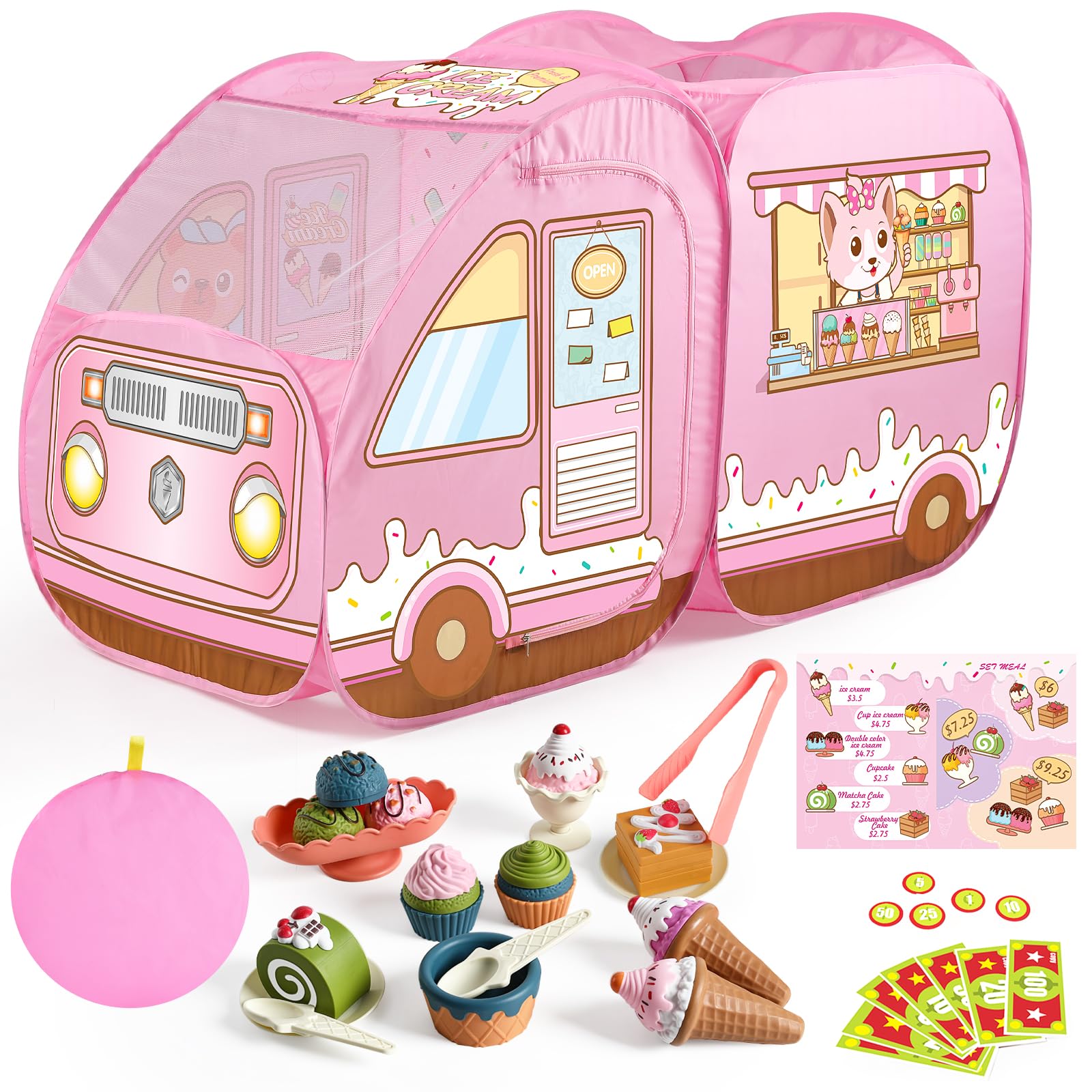 Ice Cream Truck Play Tent for Kids, 45 Pc. Pretend Play Toy Food Set, Pop Up Playhouse with Children’s Play Tent Ball Pit, Great Gifts for Toddlers, Baby, Boys & Girls(Ball Pit Balls Not Included)