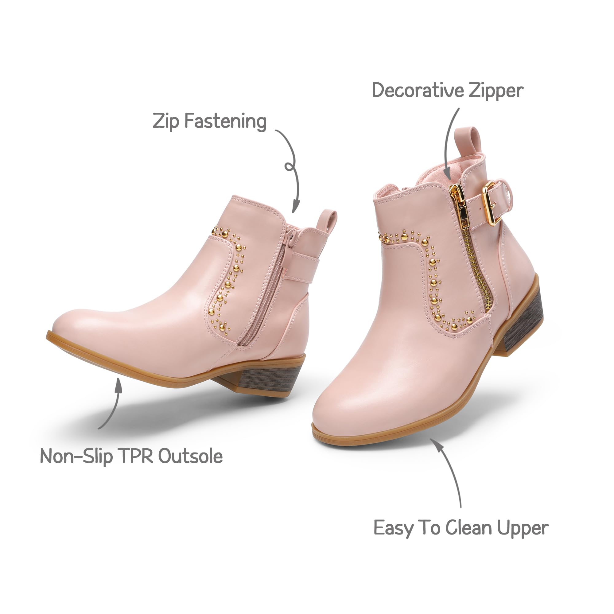 DREAM PAIRS Girls Boots Low Heel Side Zipper Ankle Booties Little Kid/Big Kid,Size 2 Little Kid,Pink,SDBO2303K