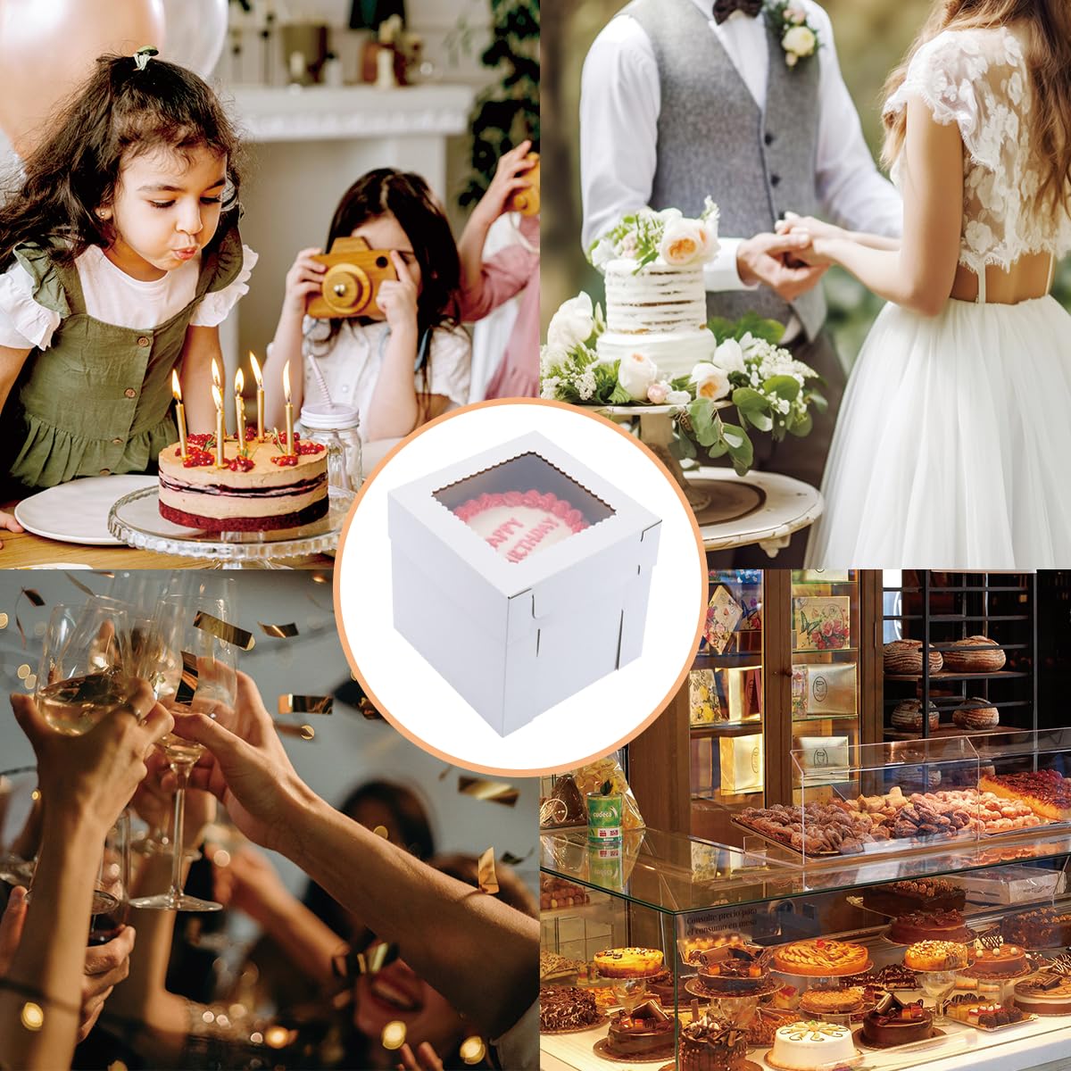 Huoshange Tall Cake Boxes for Tier Cakes,2 Sizes 4 Pack 10x10x12in and 12x12x12in,Sturdy Cardboard Cake Boxes Shipping in 2 3 Tier for Layer Tiered Cakes,Disposable Cake Containers