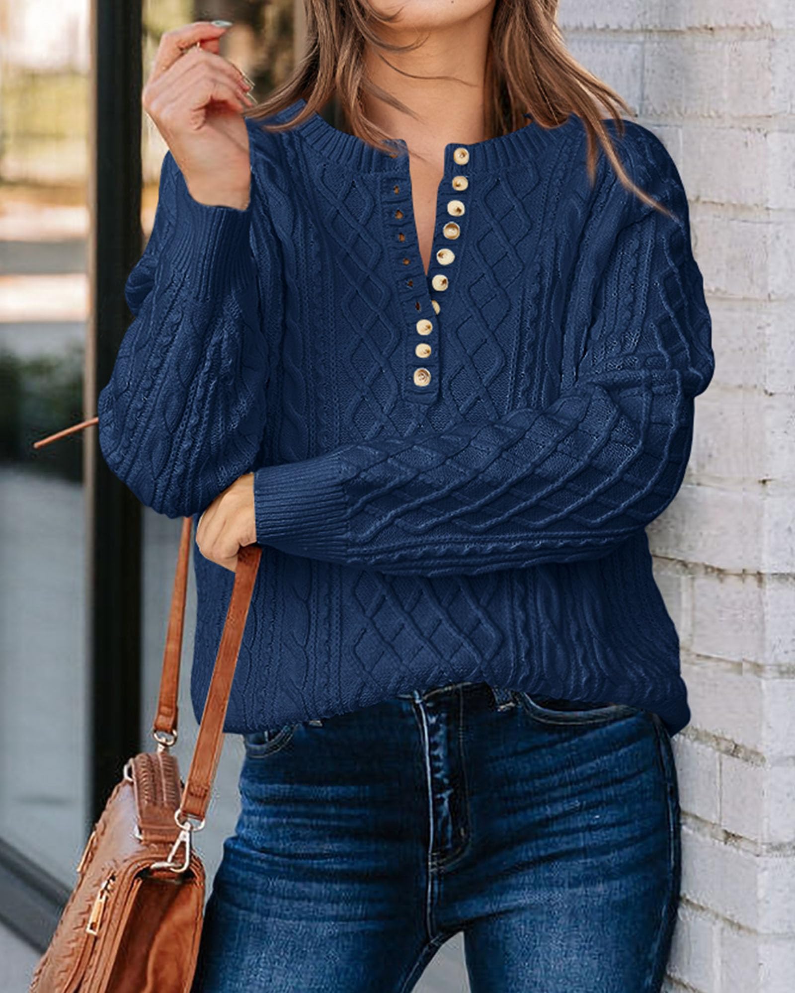 KIRUNDO Womens Sweaters 2024 Fall Winter Henley Long Sleeve Button Crew Neck Cable Knit Loose Cropped Sweater Pullover(Blue, Medium)
