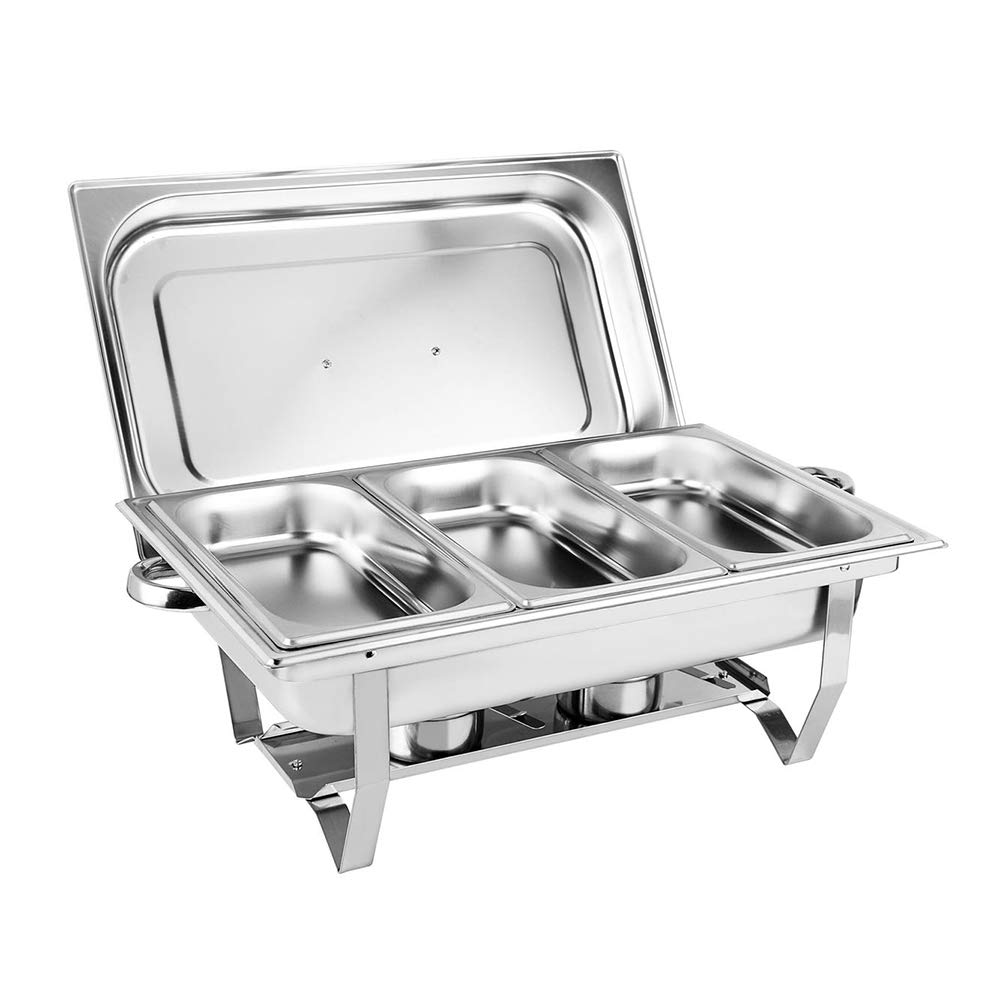BANLICALI 3 * 3L Folding Stove, Baking Tray Container with Heater and Cover, Catering Buffet Baking Tray Stainless Steel Heating Container for Catering Party Wedding Banquets Silver