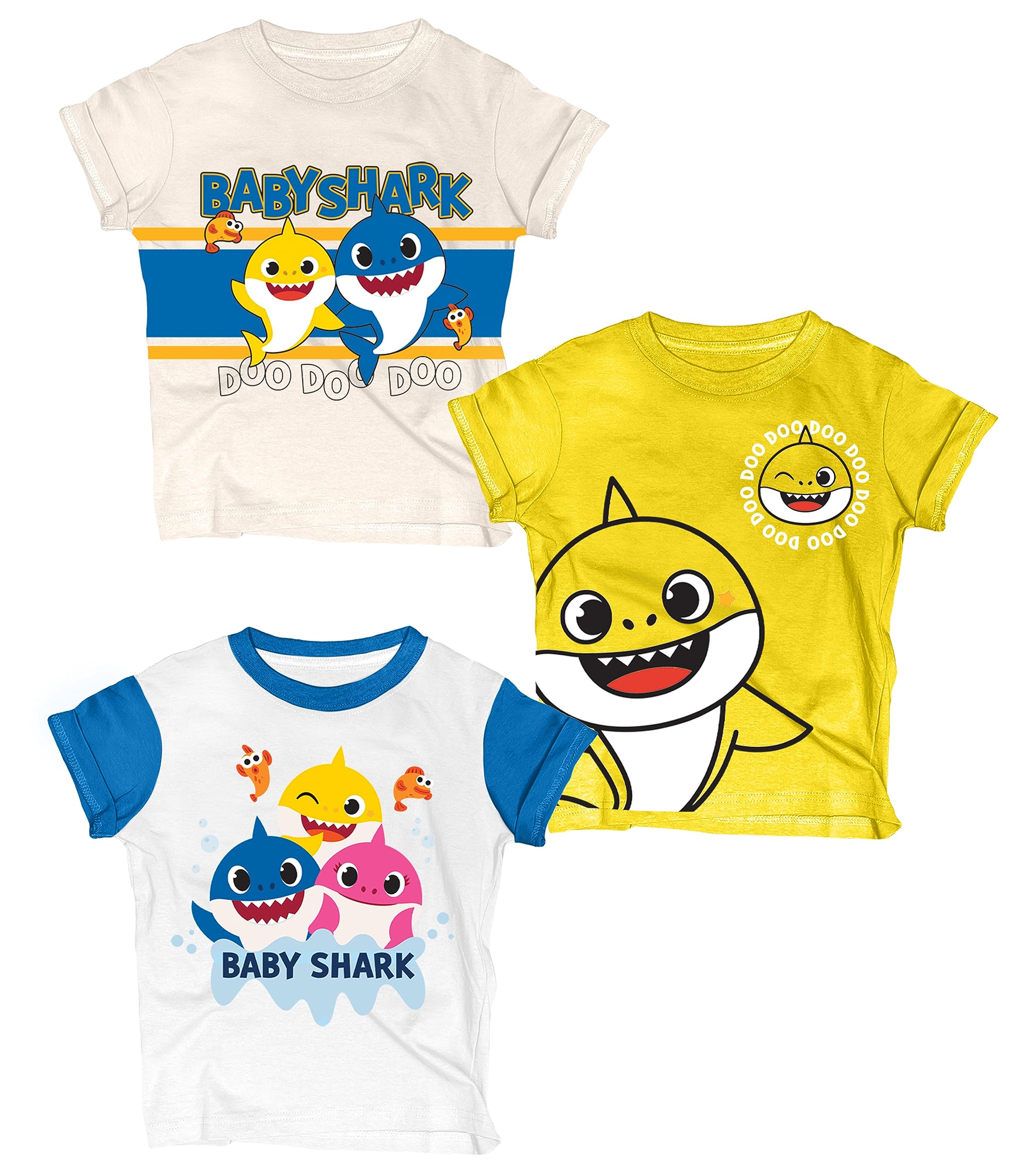 Baby Shark Graphic T-Shirts 3 Pack for Boys 3T Ecru/YEL/Wh SS