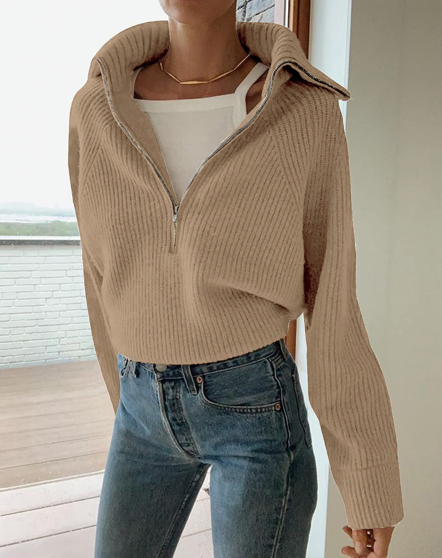 BTFBM Women's Long Sleeve V-Neck Pullover Sweater Casual Fall Winter Collar Ribbed Knit Loose Slouchy Jumper Sweaters(Solid Light Khaki, Large)