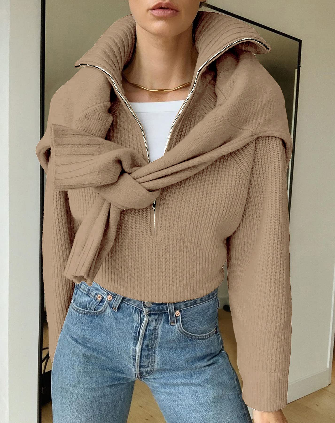 BTFBM Women's Long Sleeve V-Neck Pullover Sweater Casual Fall Winter Collar Ribbed Knit Loose Slouchy Jumper Sweaters(Solid Light Khaki, Large)