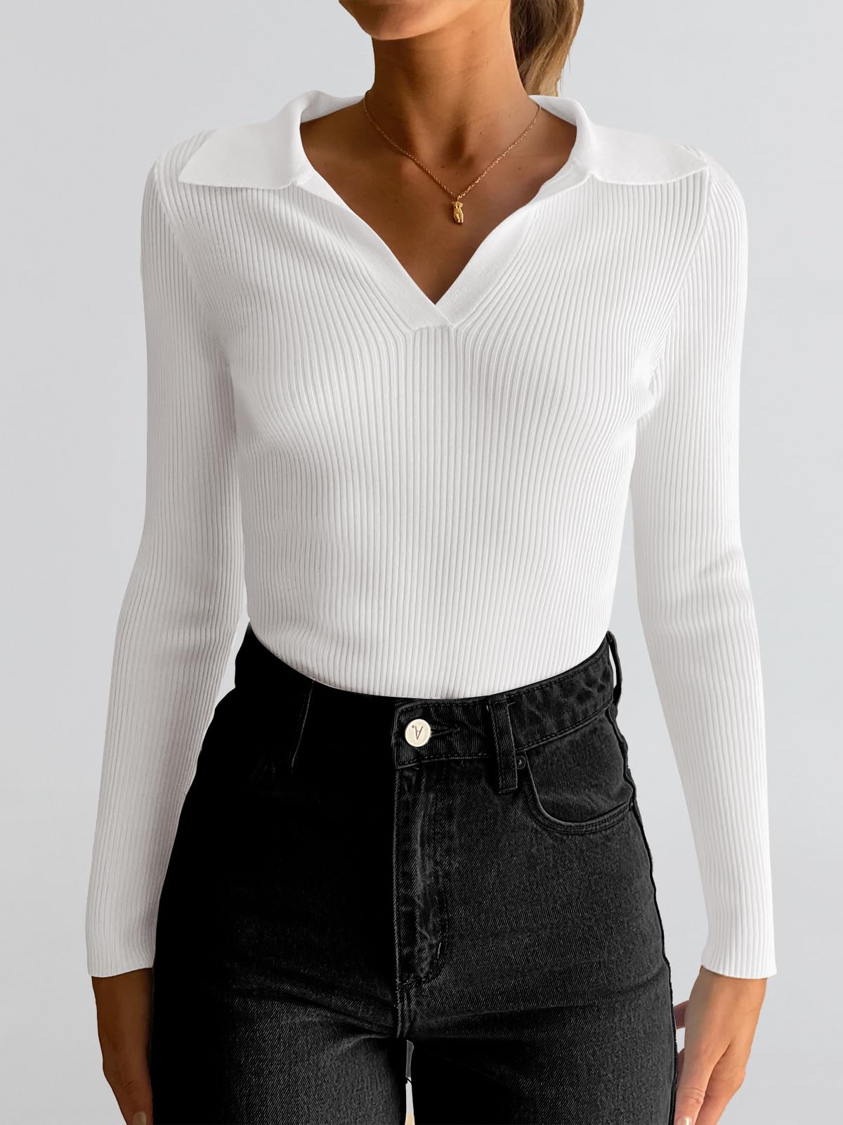 ANRABESS Women's 2024 Fall V Neck Shirts Long Sleeve Ribbed Knit Sweater Lapel Slim Fitted Casual Basic Tee Tops White Small