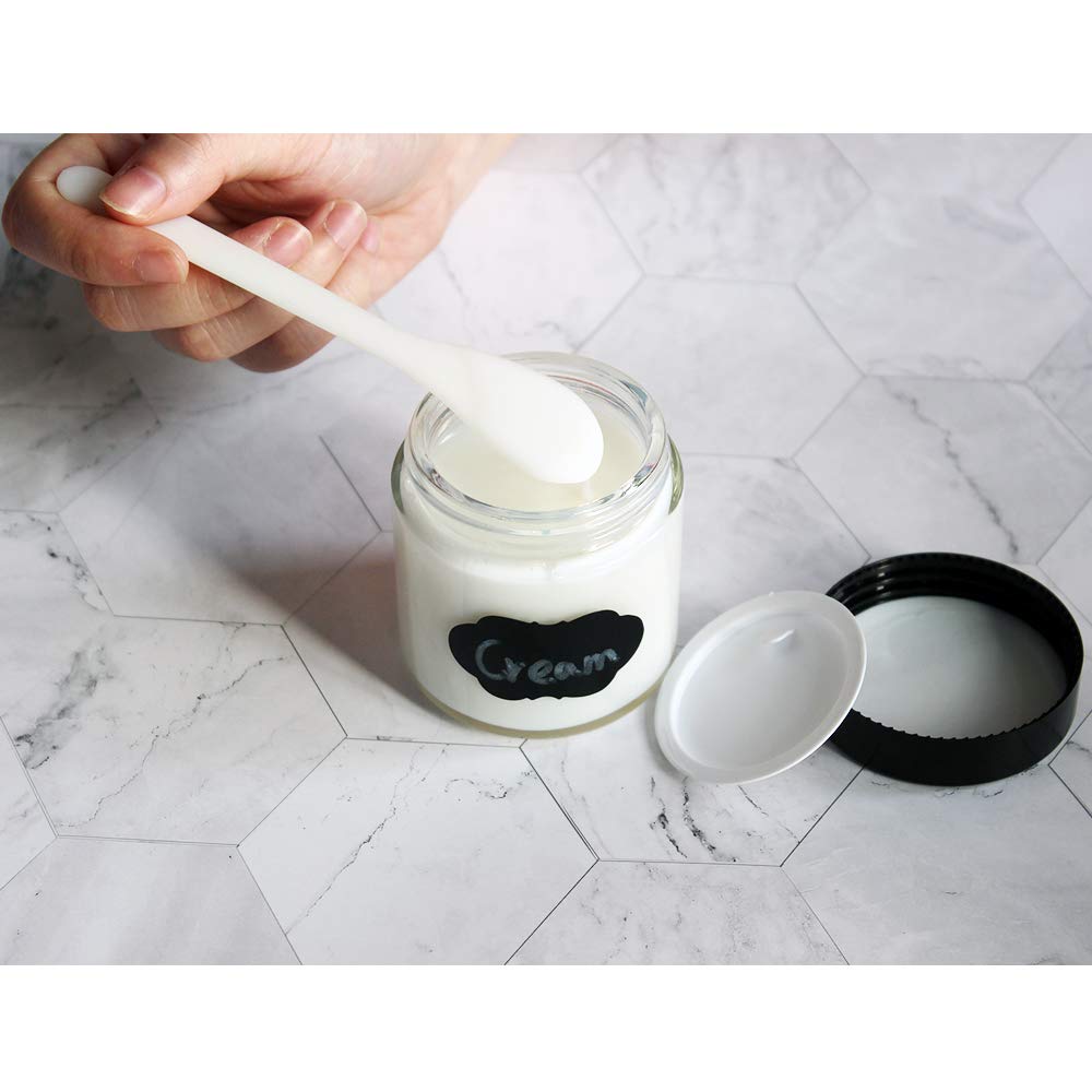 BPFY 12 Pack 4 oz Clear Glass Travel Cosmetic Jars, Refillable Cosmetic Containers with Inner Liners, Lids, Spatula, Chalk Labels, Pen, Beauty Jars for Sugar Scrubs, Cream, Bath Salts, Slime