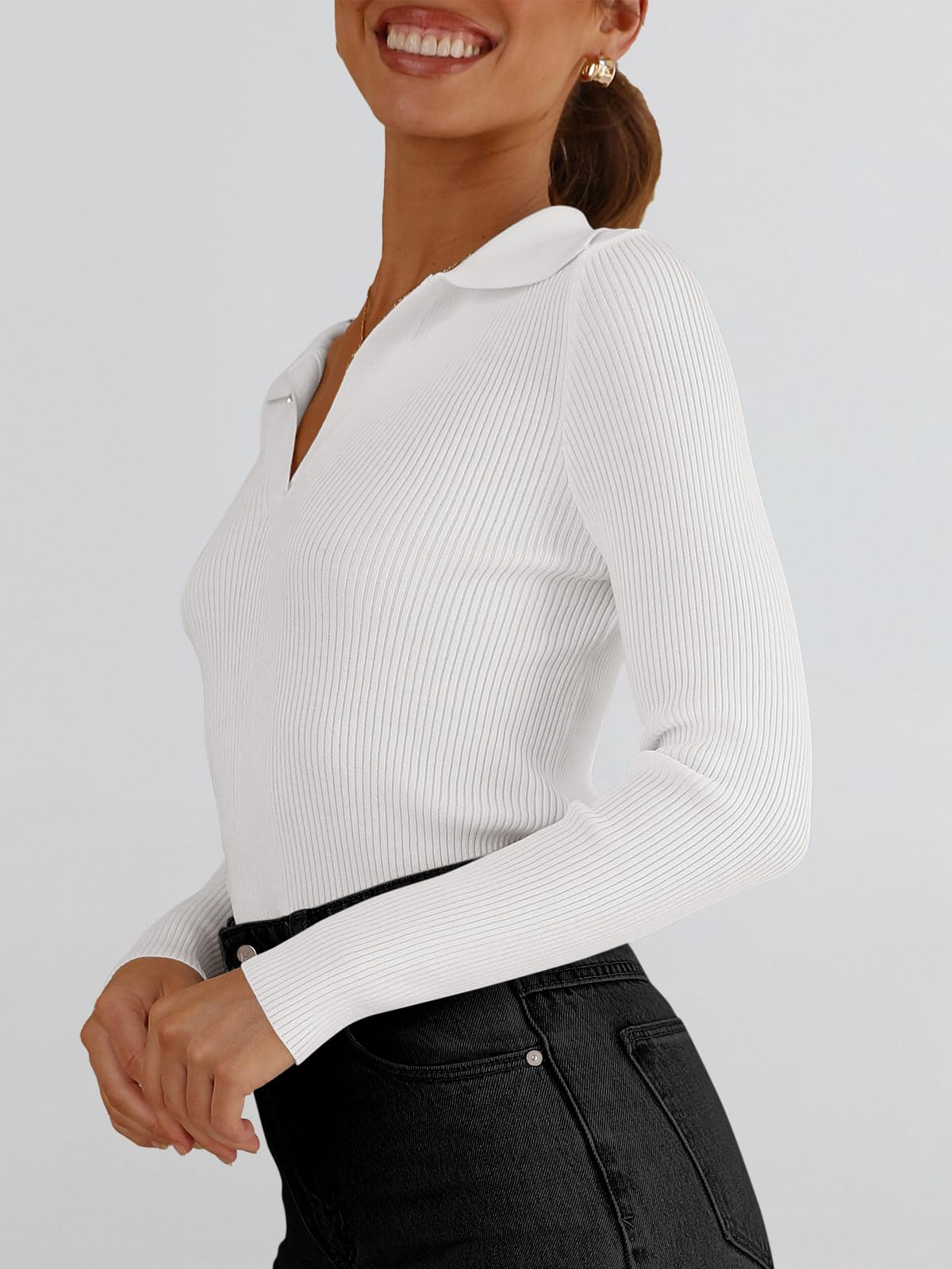 ANRABESS Women's 2024 Fall V Neck Shirts Long Sleeve Ribbed Knit Sweater Lapel Slim Fitted Casual Basic Tee Tops White Small