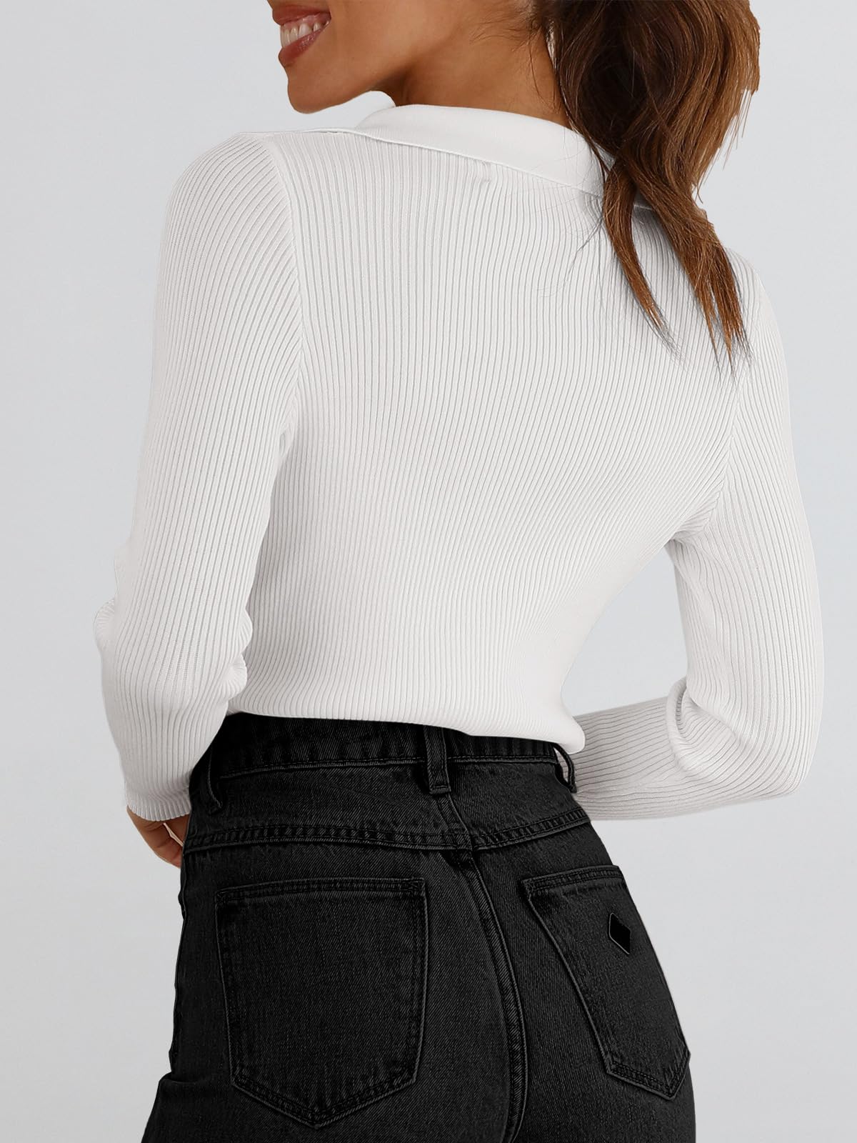 ANRABESS Women's 2024 Fall V Neck Shirts Long Sleeve Ribbed Knit Sweater Lapel Slim Fitted Casual Basic Tee Tops White Small