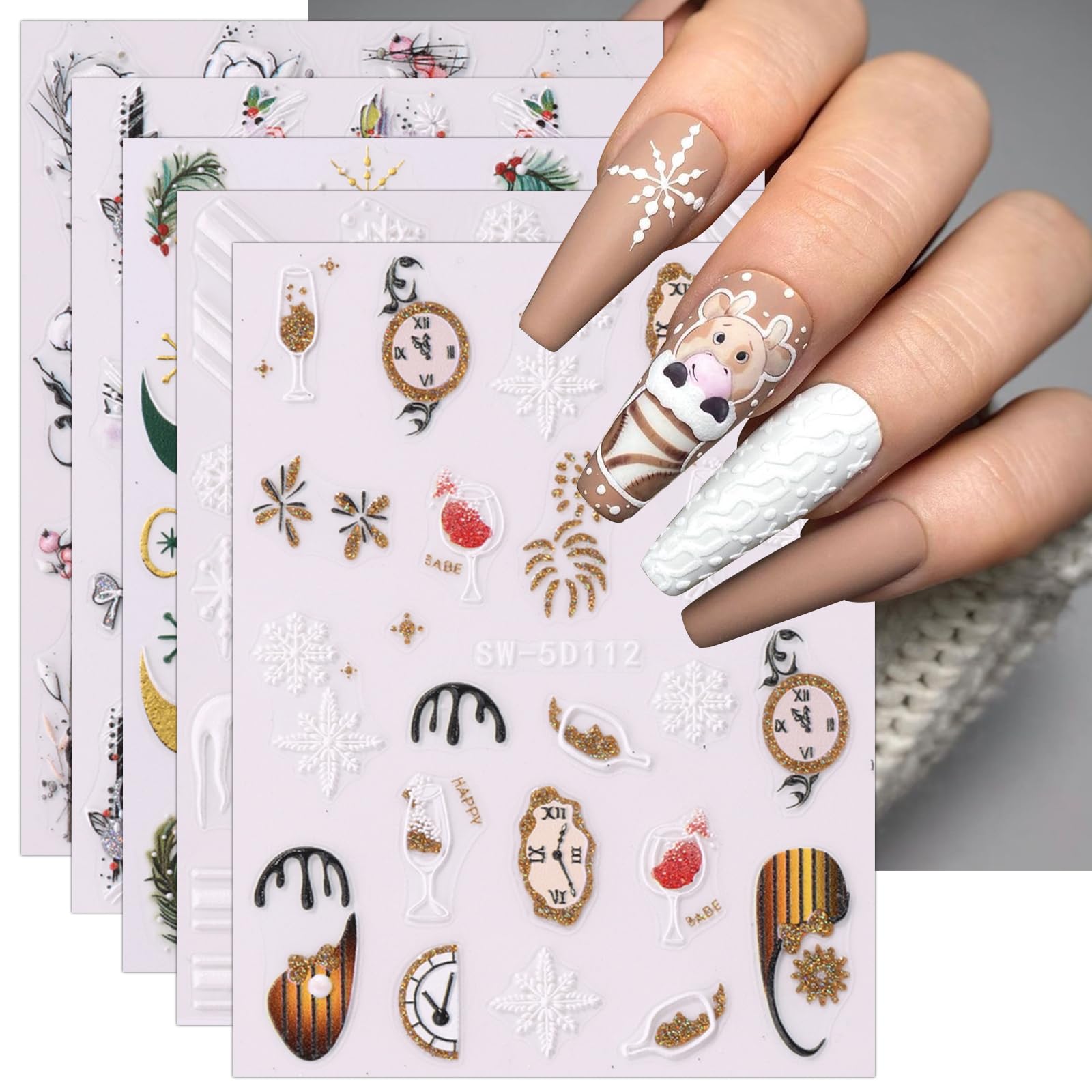 JMEOWIO 6 Sheets 3D Embossed Glitter Christmas Nail Art Stickers Decals Self-Adhesive Pegatinas Uñas 5D Snowflake New Year Xmas Winter Holiday Nail Supplies Nail Art Design Decoration Accessories