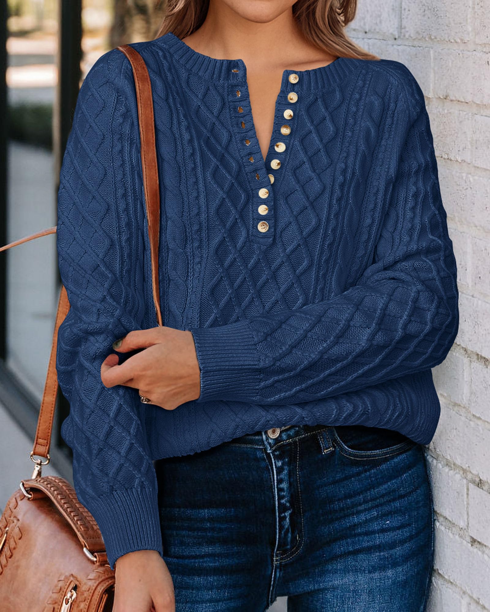 KIRUNDO Womens Sweaters 2024 Fall Winter Henley Long Sleeve Button Crew Neck Cable Knit Loose Cropped Sweater Pullover(Blue, Medium)