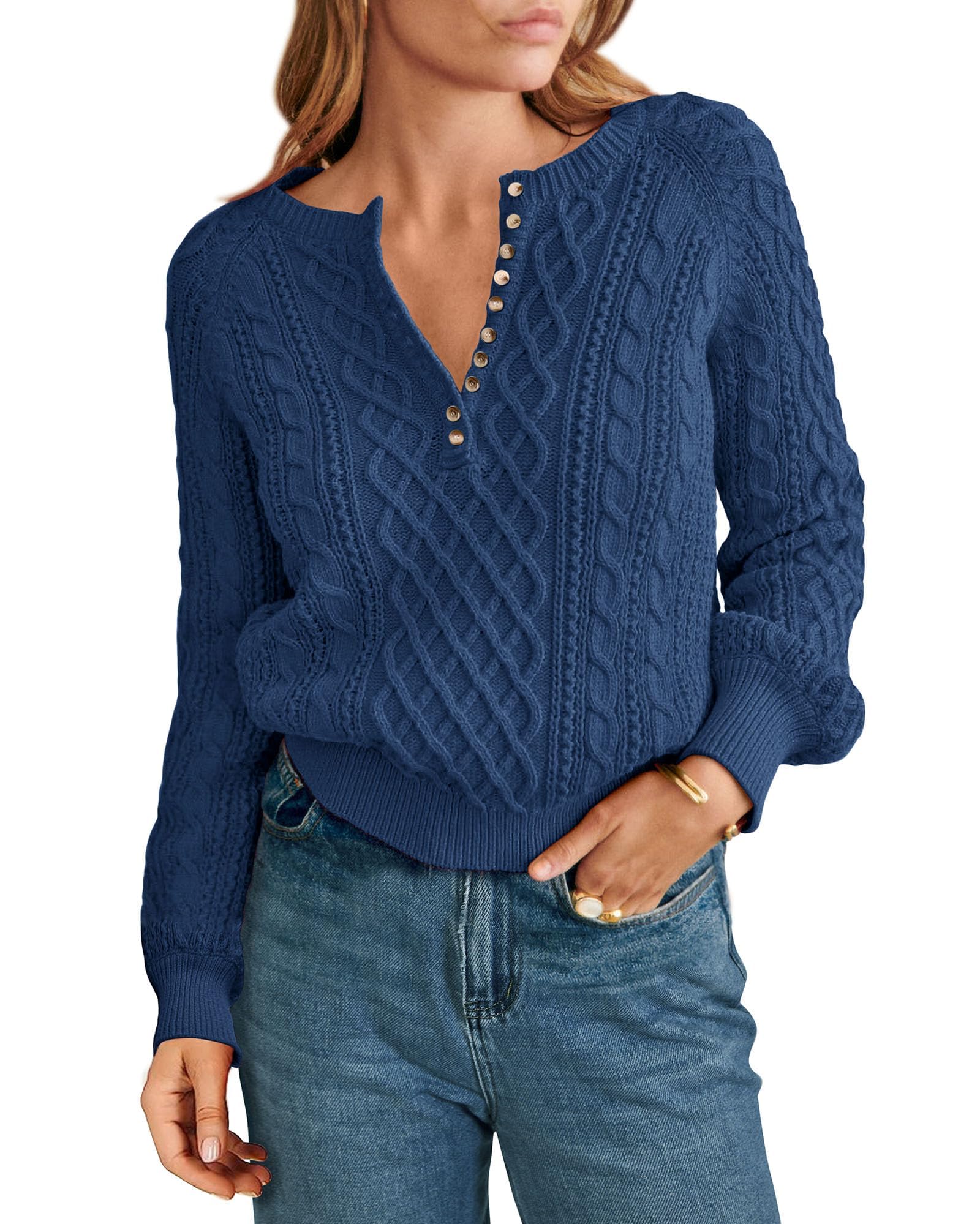 KIRUNDO Womens Sweaters 2024 Fall Winter Henley Long Sleeve Button Crew Neck Cable Knit Loose Cropped Sweater Pullover(Blue, Medium)