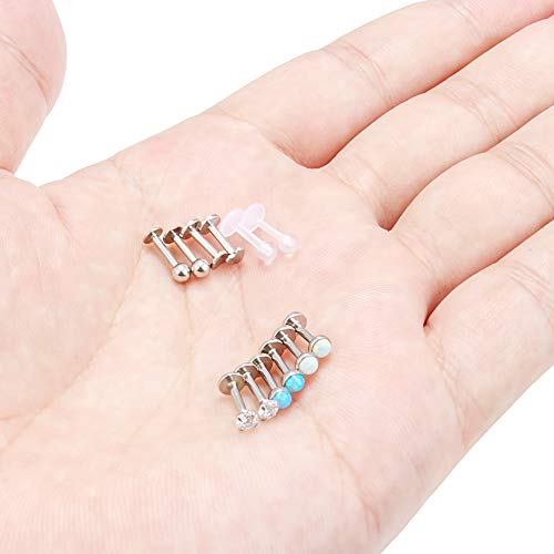 Ftovosyo Forward Helix Earring 16G 12PCS Surgical Steel Tragus Conch Cartilage Earring Stud Barbell Body Piercing Jewelry for Women Men 6mm Silver-Tone Clear Diamond CZ Opal
