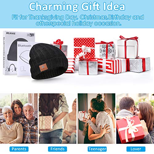 Beanie Hat Compatible with Bluetooth Headphone Ponytail Warm Beanies for Women Built-in Microphone (Black)