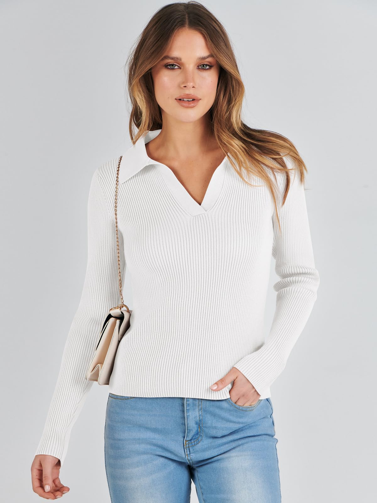 ANRABESS Women's 2024 Fall V Neck Shirts Long Sleeve Ribbed Knit Sweater Lapel Slim Fitted Casual Basic Tee Tops White Small
