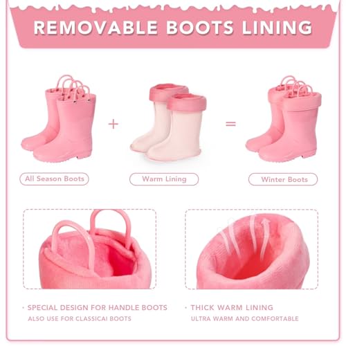 EUXTERPA Pink Kids Rain Boots, Girls Winter Rain Boots with Warm Lining, Toddler Waterproof Boots with Handles, Big kid size 2