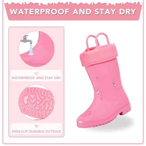 EUXTERPA Pink Kids Rain Boots, Girls Winter Rain Boots with Warm Lining, Toddler Waterproof Boots with Handles, Big kid size 2