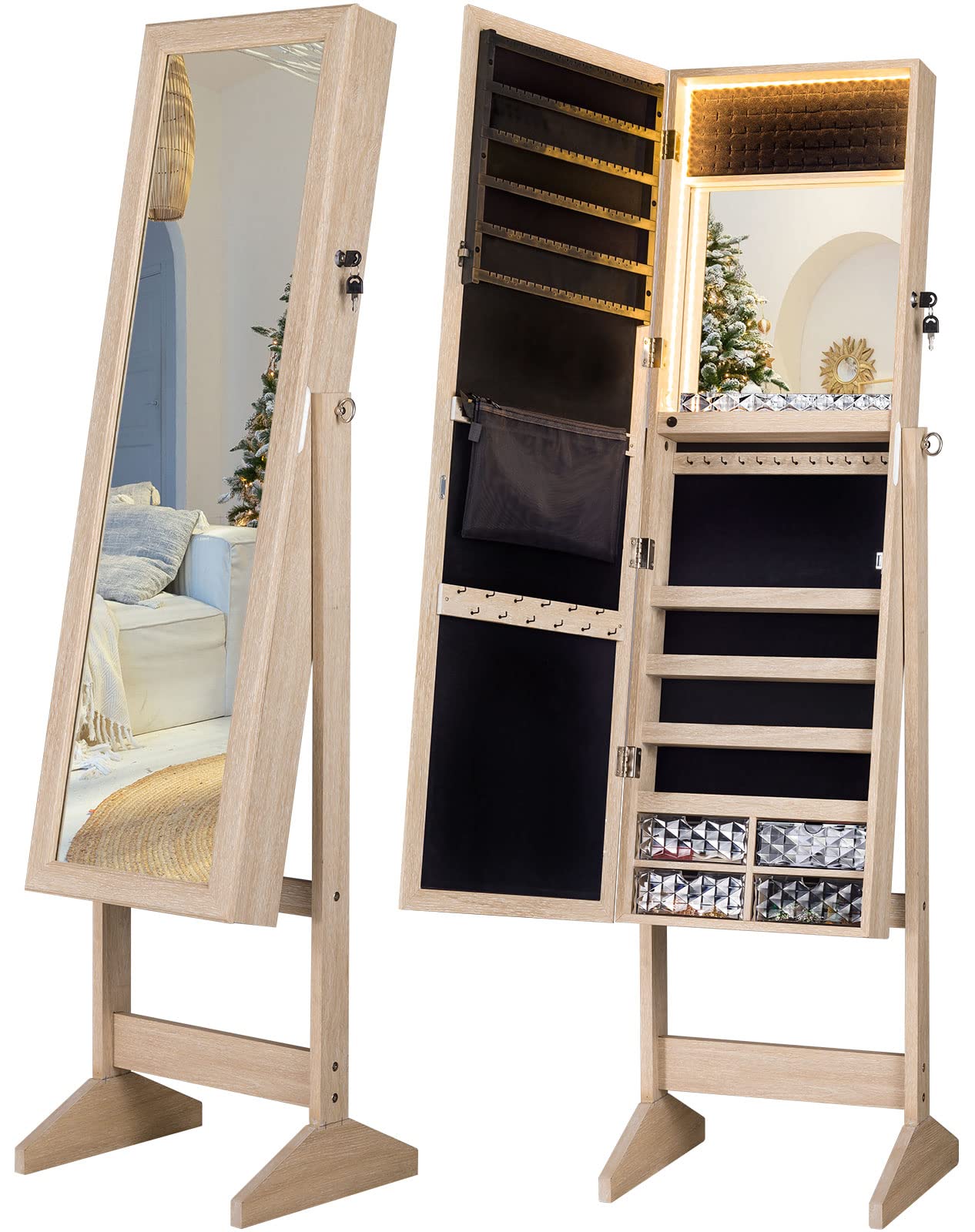 LUXFURNI 62.6" Standing Mirror with Storage, LED Light Mirror Jewelry Cabinet Armoire, Large Jewelry Storage Mirror, Lockable Jewelry Organizer Mirror, Natural