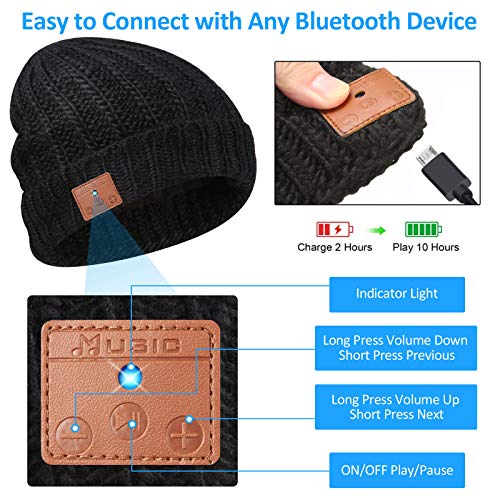 Beanie Hat Compatible with Bluetooth Headphone Ponytail Warm Beanies for Women Built-in Microphone (Black)