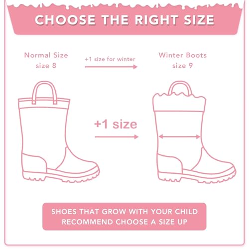 EUXTERPA Pink Kids Rain Boots, Girls Winter Rain Boots with Warm Lining, Toddler Waterproof Boots with Handles, Big kid size 2