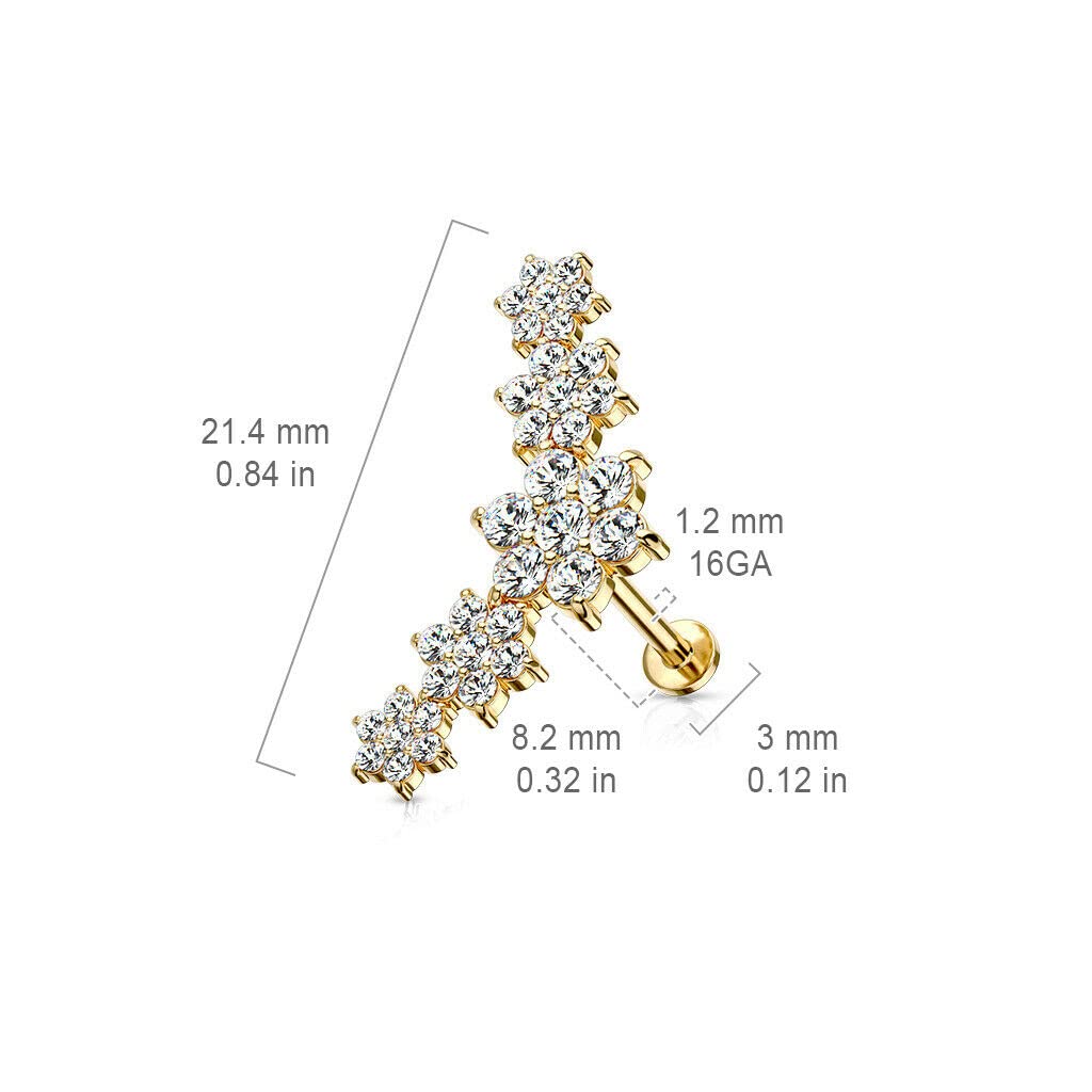 5 Tiered CZ Flower Curve Top Conch Tragus Helix Daith Ear Cartilage Piercing 16G 8mm Length - Rose Gold