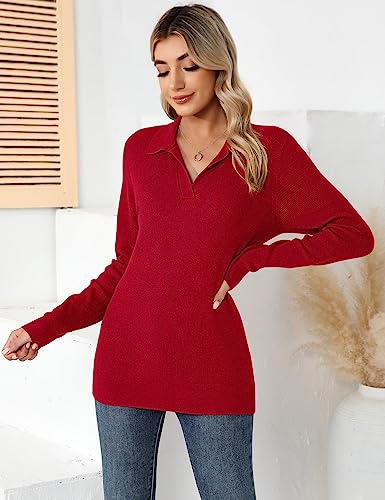 Romanstii Collared Sweaters for Women Knitted Long Sleeve V Neck Fitted Polo Shirts Trendy Winter Pullover Tops,Red,M